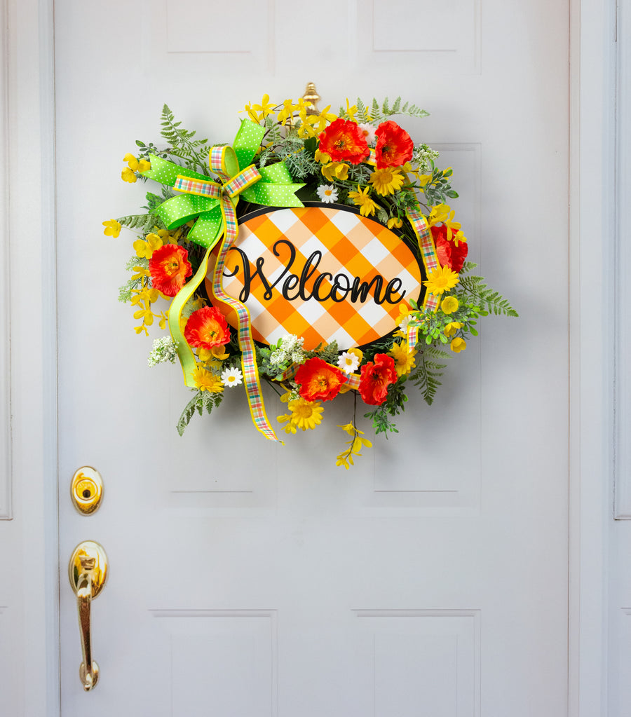 15" Oval Wooden Sign: Orange Plaid Welcome