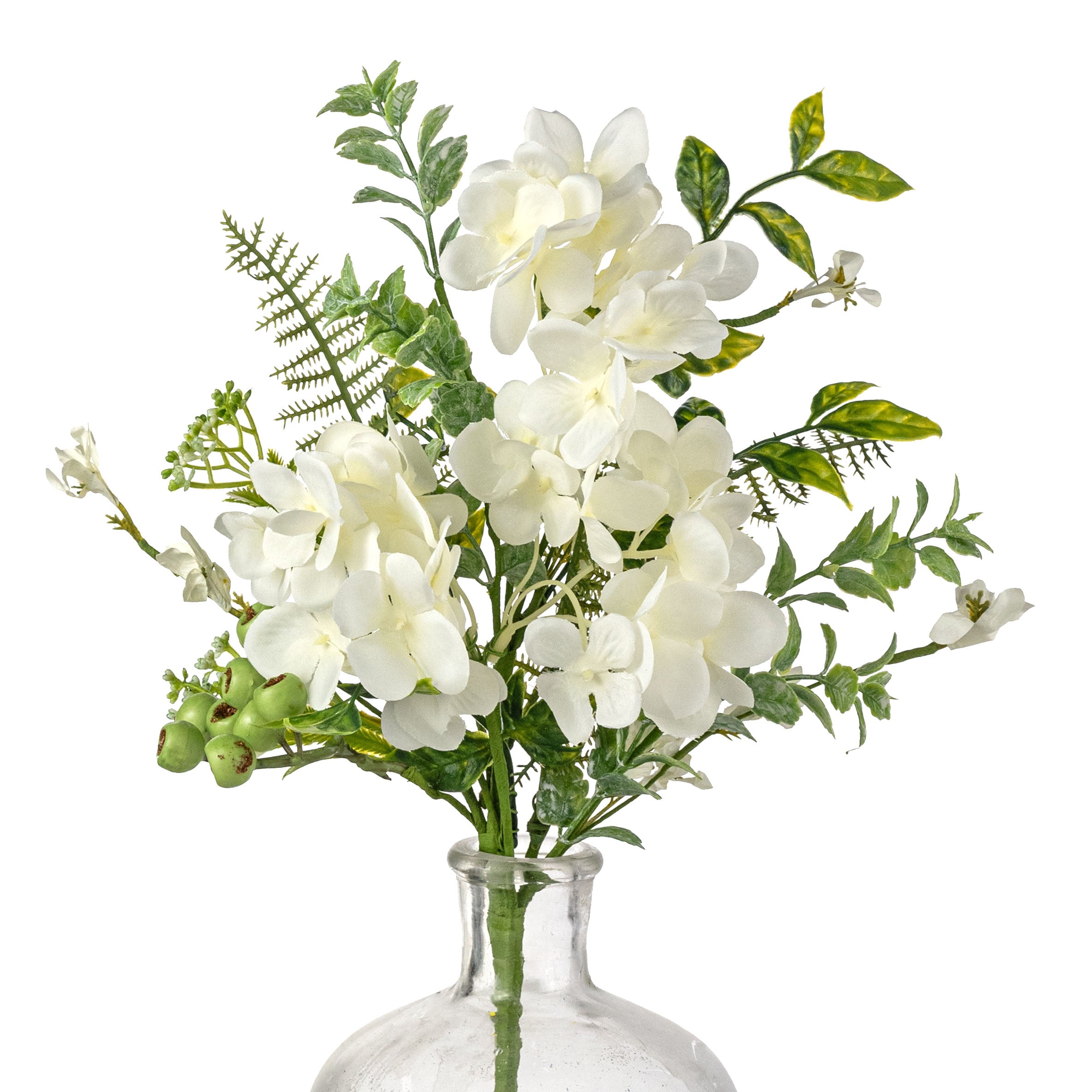 18" Hydrangea Blossoms & Mixed Leaves Pick: Cream