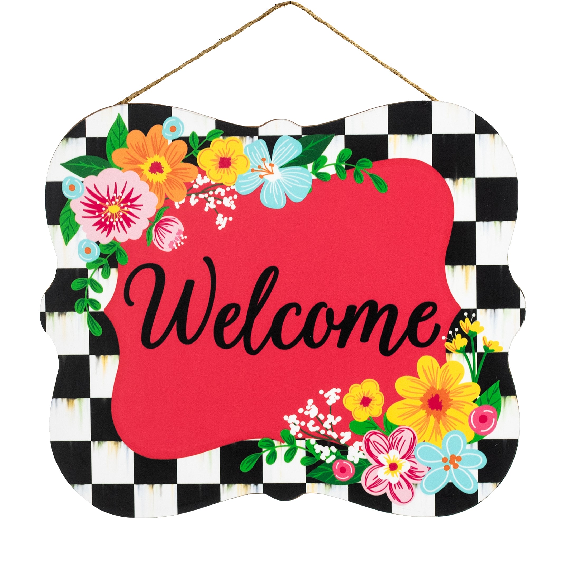 10" Scalloped Wooden Sign: Hot Pink Floral Welcome Checkerboard