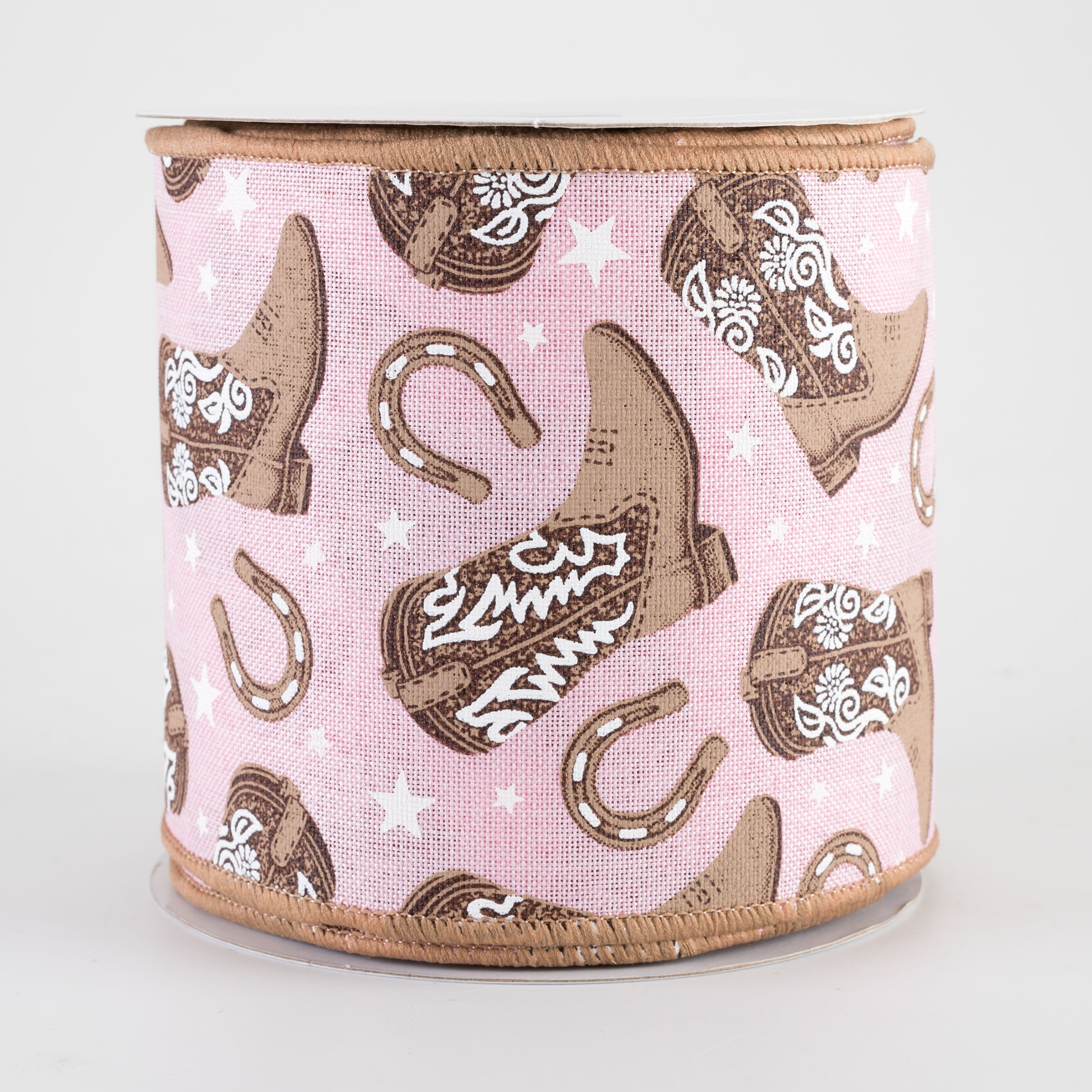 4" Cowboy Boots & Horseshoes Ribbon: Light Pink (10 Yards)