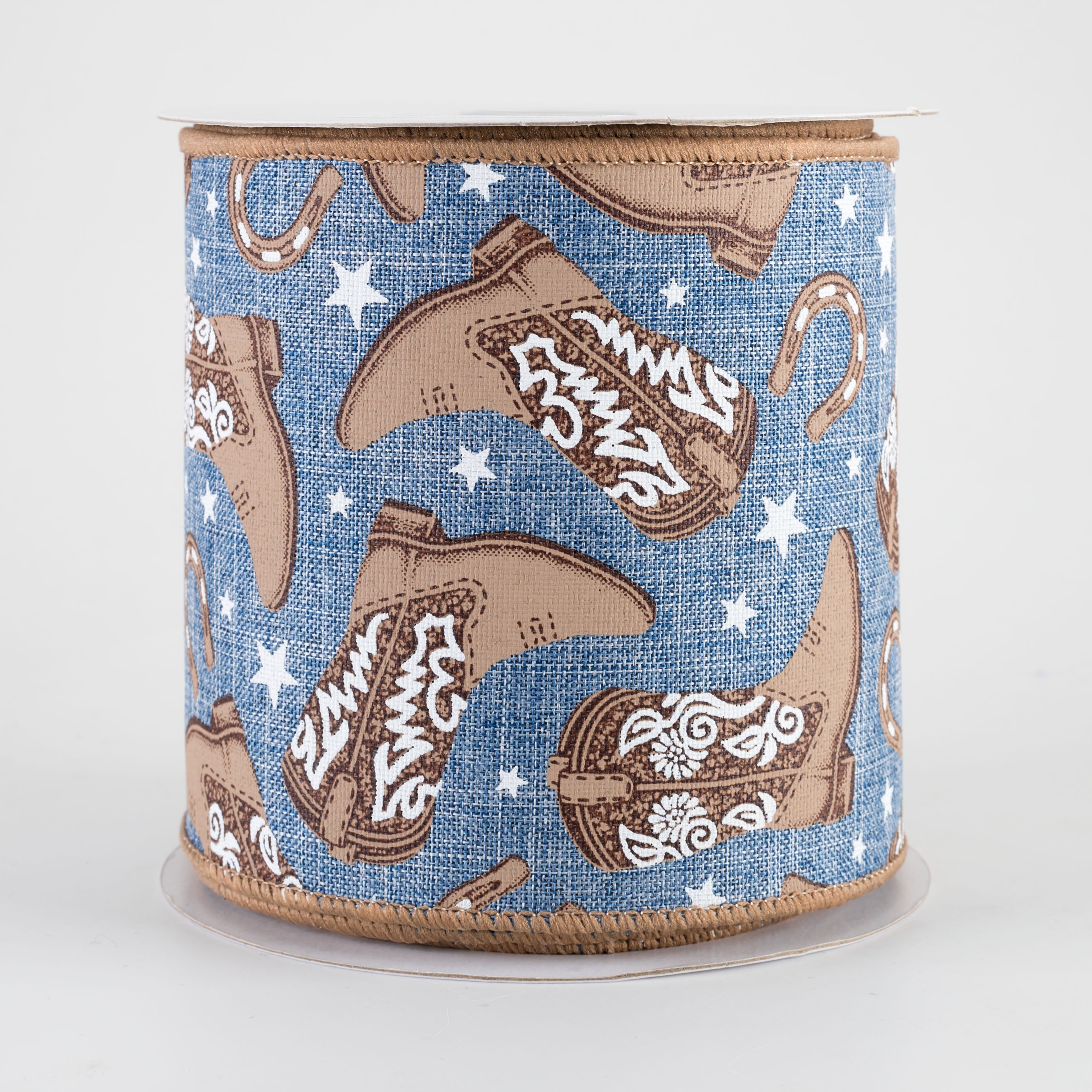 4" Cowboy Boots & Horseshoes Ribbon: Denim Blue (10 Yards)