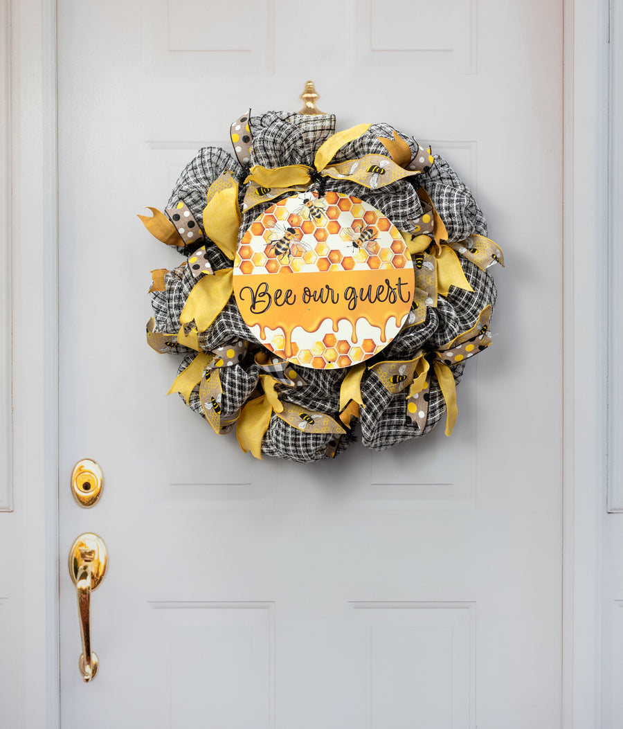 12" Round Metal Sign: Bee Our Guest Honeycomb
