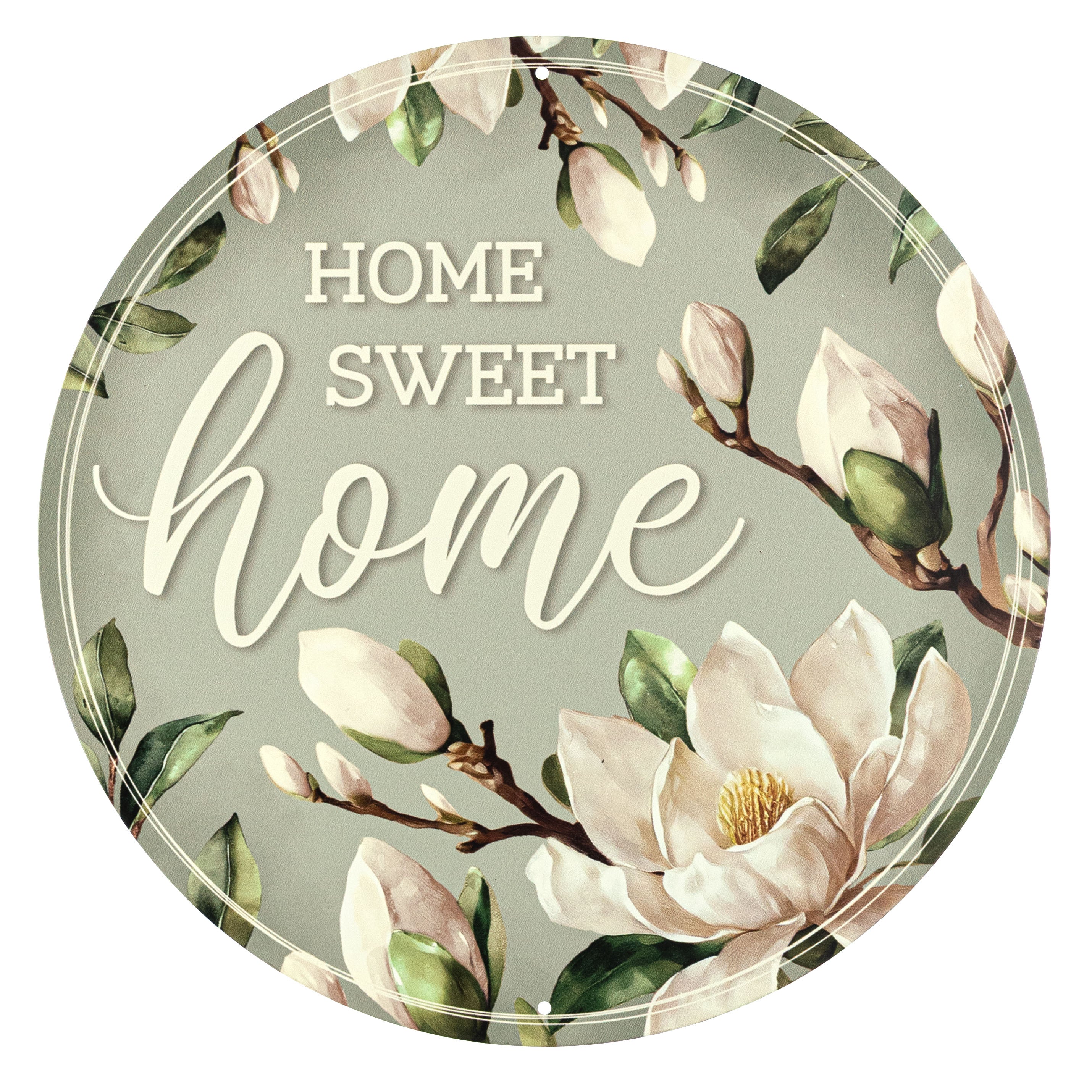 12" Round Metal Sign: Home Sweet Home Magnolia Buds & Flowers