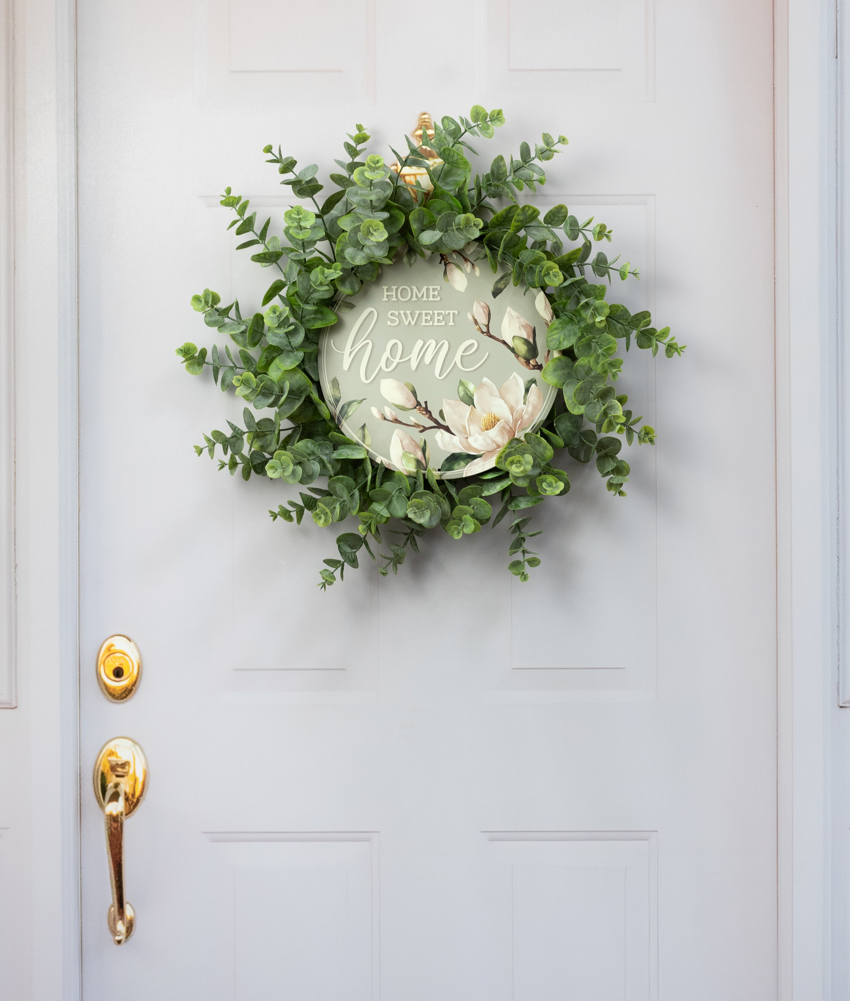 12" Round Metal Sign: Home Sweet Home Magnolia Buds & Flowers