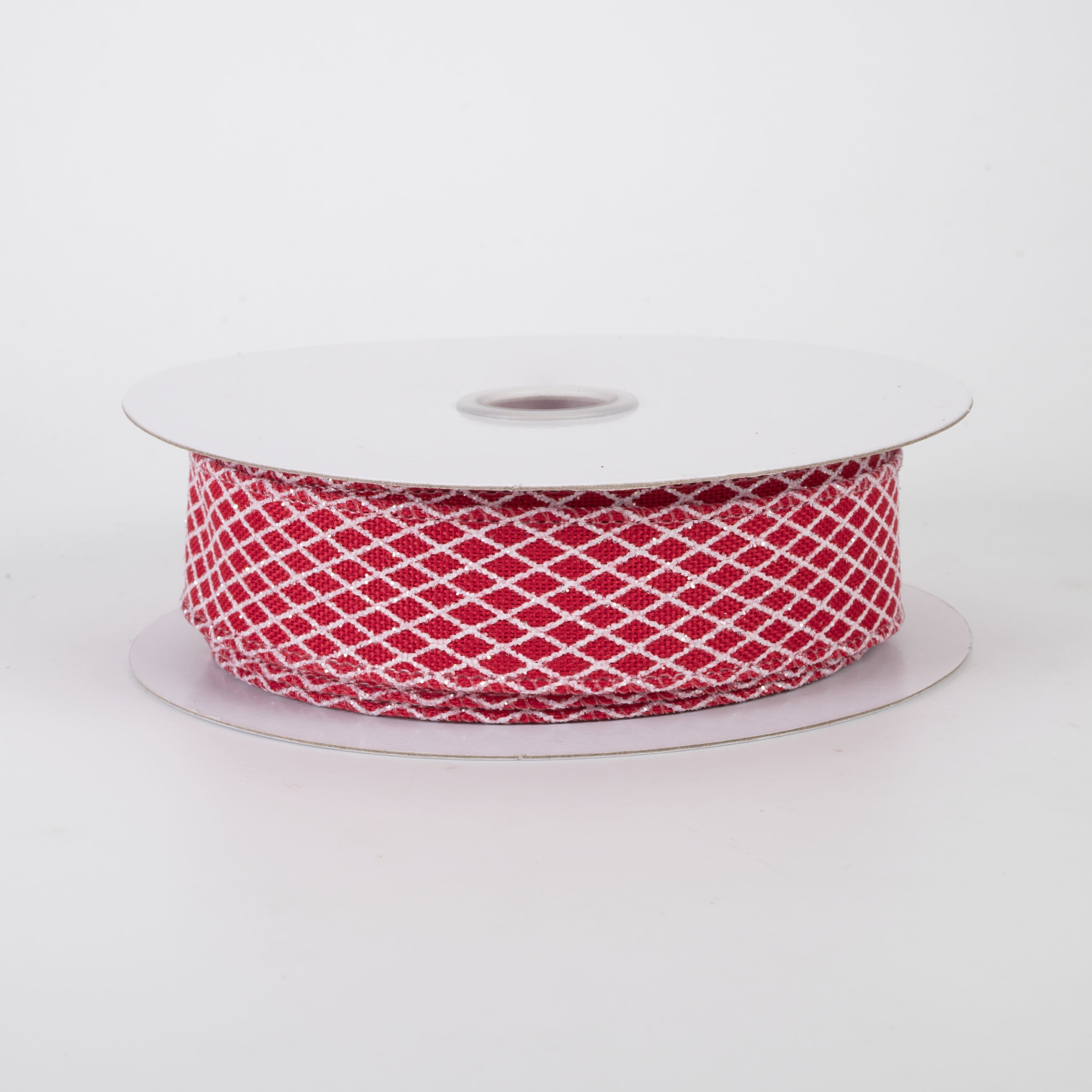 7/8" Mini Glitter Harlequin Ribbon: White on Red (10 Yards)