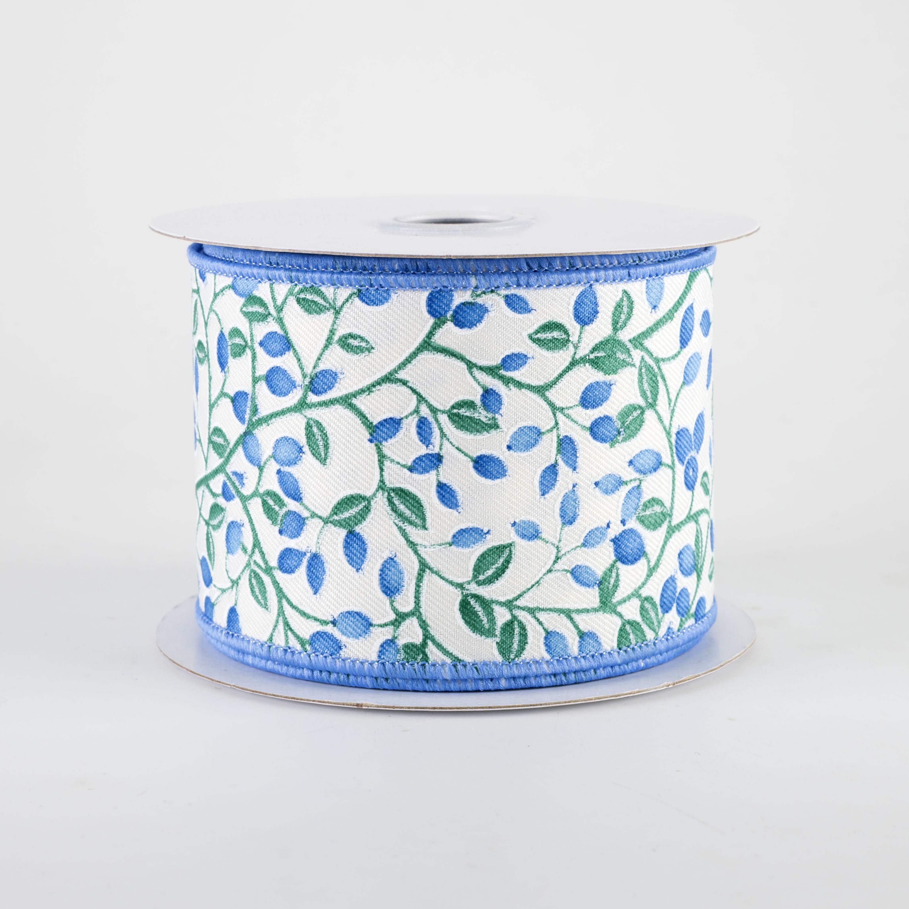 2.5" Mini Berries on Green Vines Ribbon: Blue on Ivory (10 Yards)