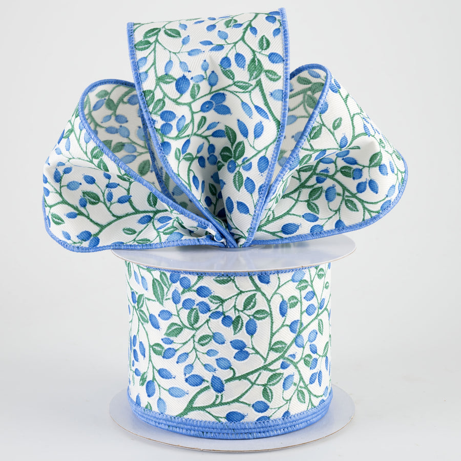 2.5" Mini Berries on Green Vines Ribbon: Blue on Ivory (10 Yards)