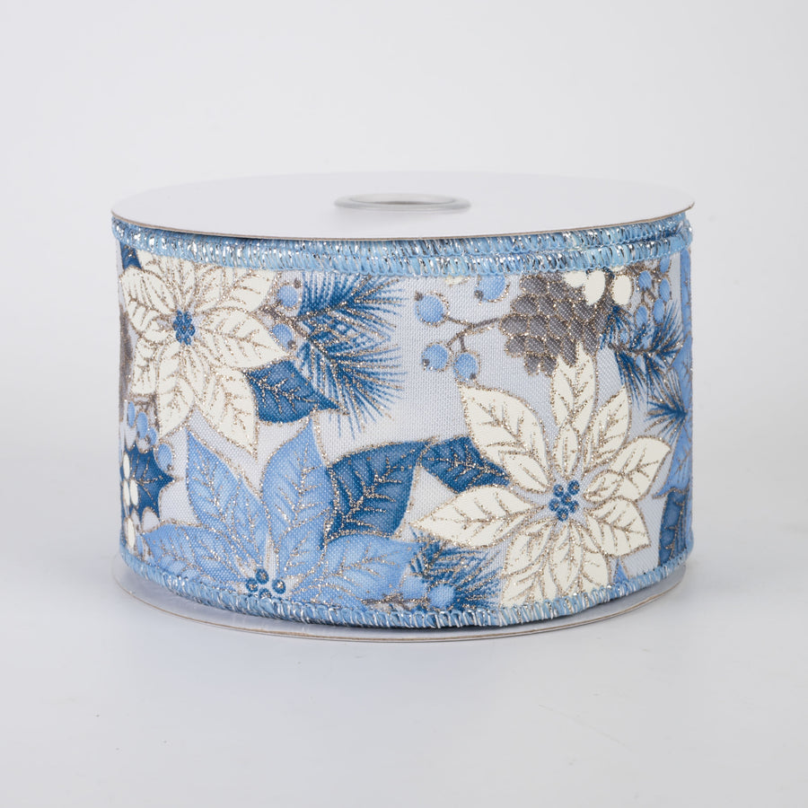 2.5" Poinsettias & Pinecones Ribbon: Blue & Ivory (10 Yards)