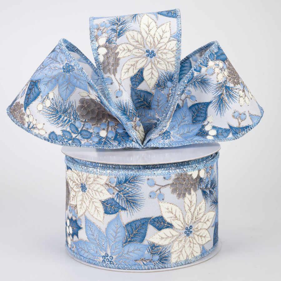 2.5" Poinsettias & Pinecones Ribbon: Blue & Ivory (10 Yards)