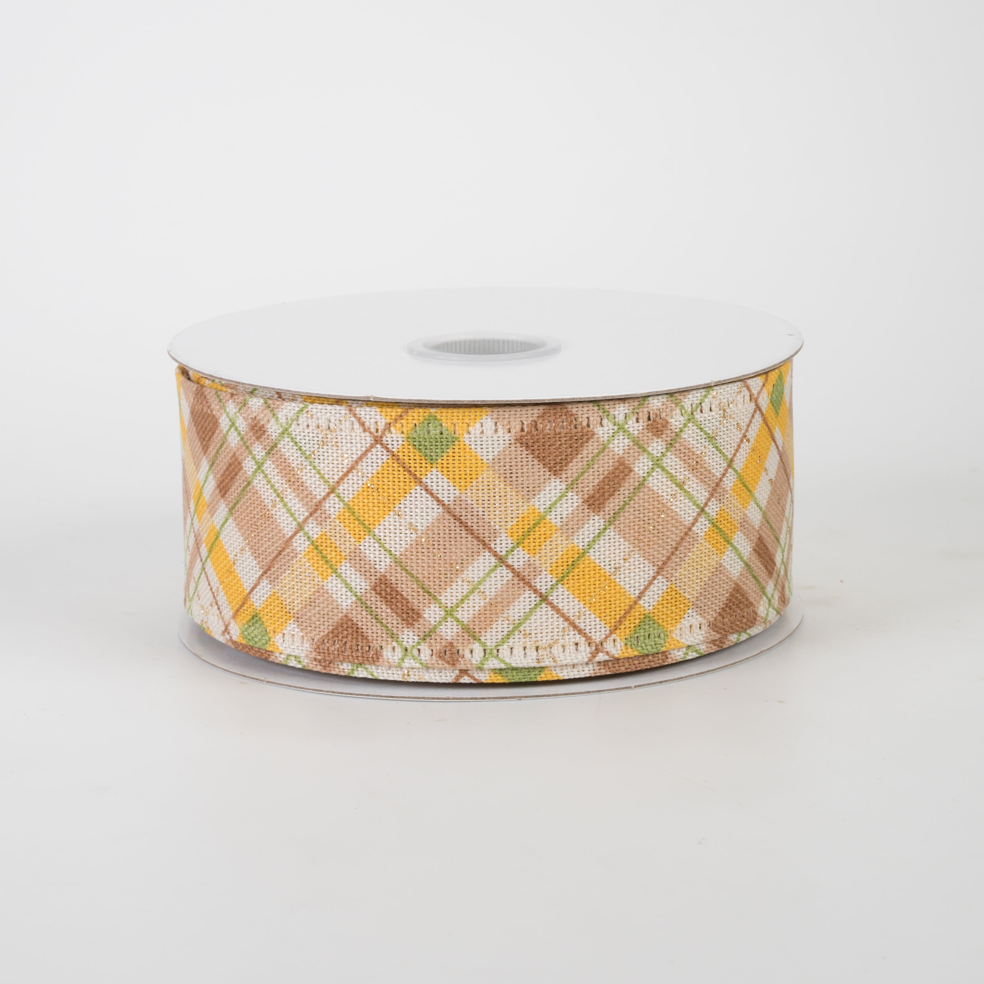 1.5" Linen Argyle Plaid Ribbon: Ivory, Moss, Mustard & Brown (10 Yards
