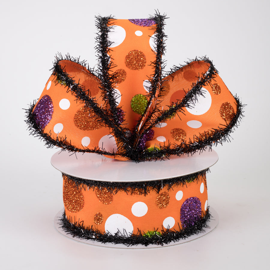 1.5" Tinsel Edge Halloween Glitter Polka Dots Ribbon: Orange (10 Yards