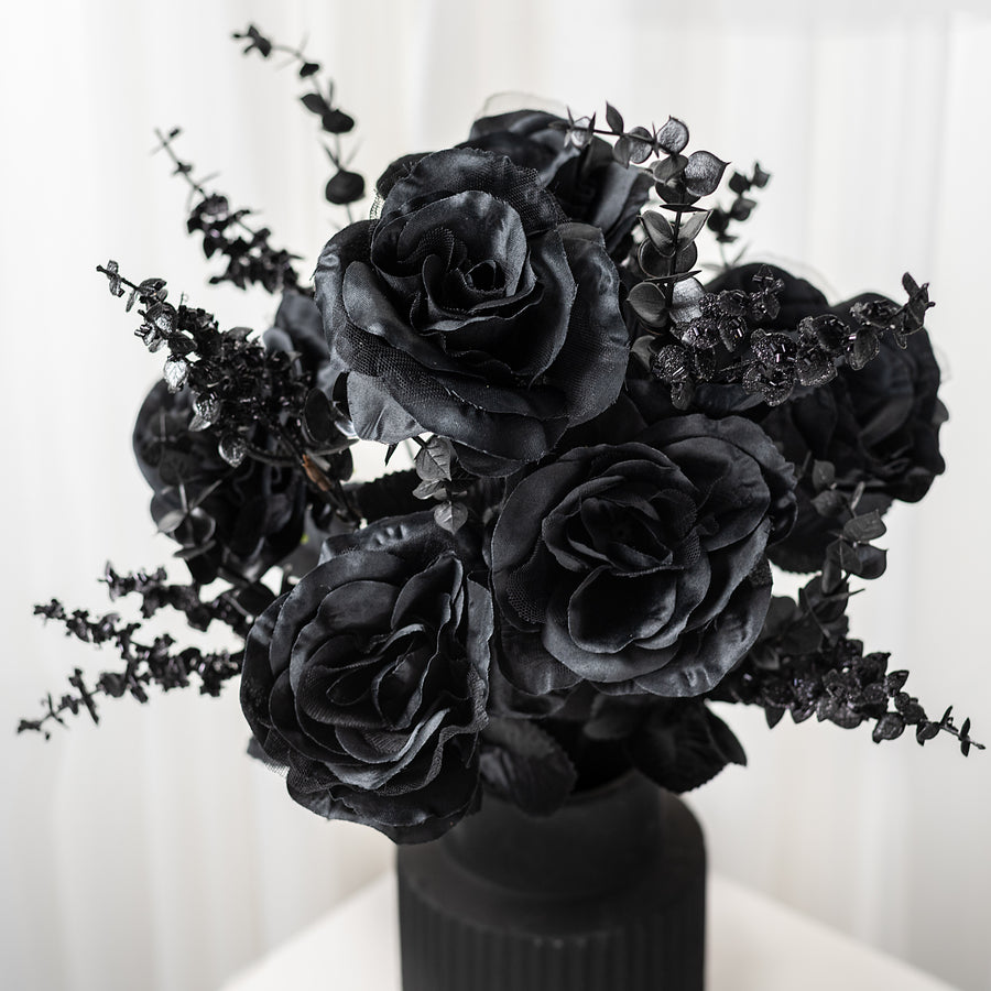 20" Roses & Eucalyptus Bush: Jet Black (12 Stem)