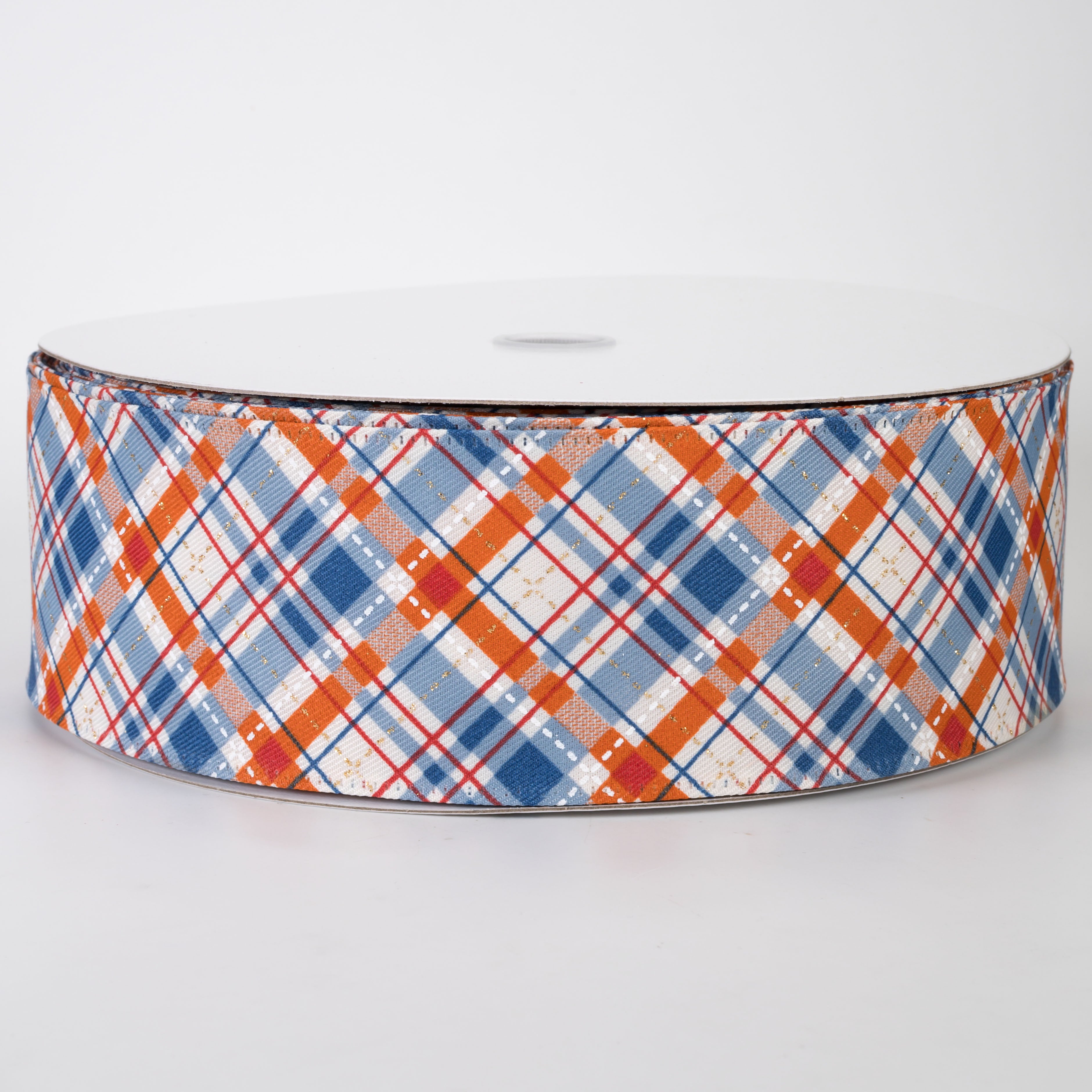 2.5" Linen Argyle Plaid Ribbon: Cream, Rust, Blue & Gold (50 Yards)