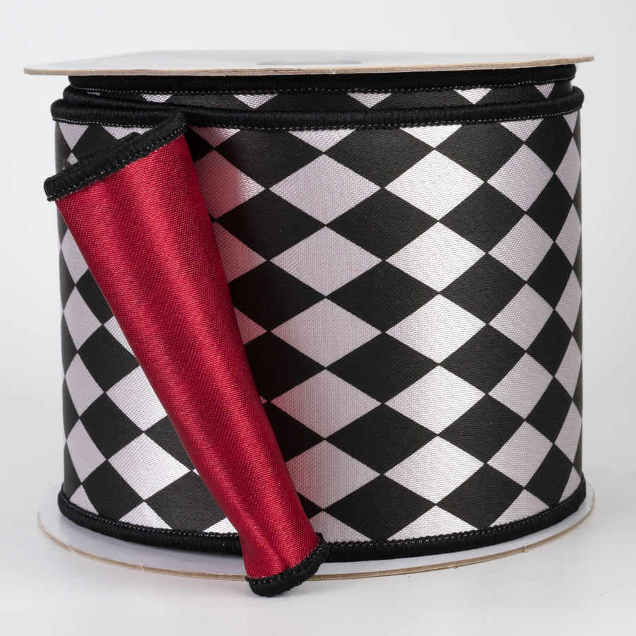 4" Double Sided Fused Harlequin Ribbon: Red, Black & White (10 Yards)