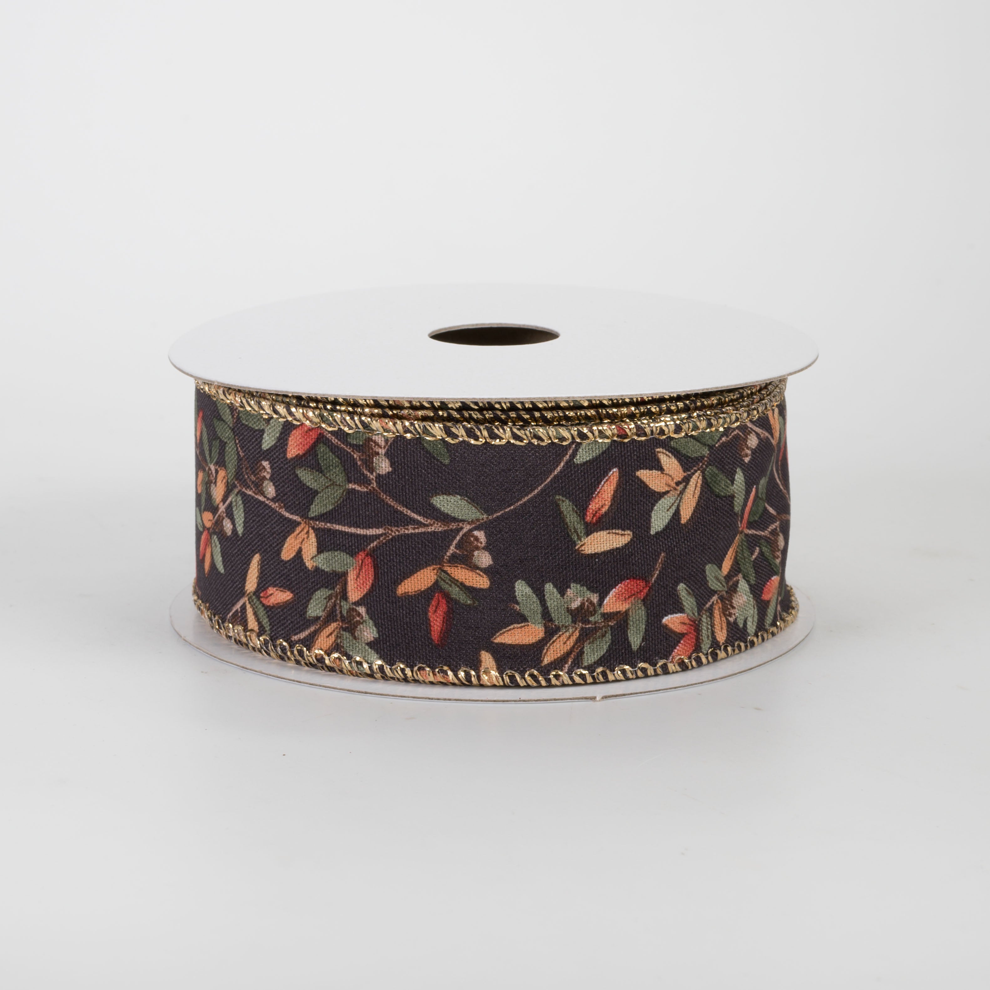 1.5" Metallic Tiny Fall Leaves Ribbon: Dark Brown (10 Yards)