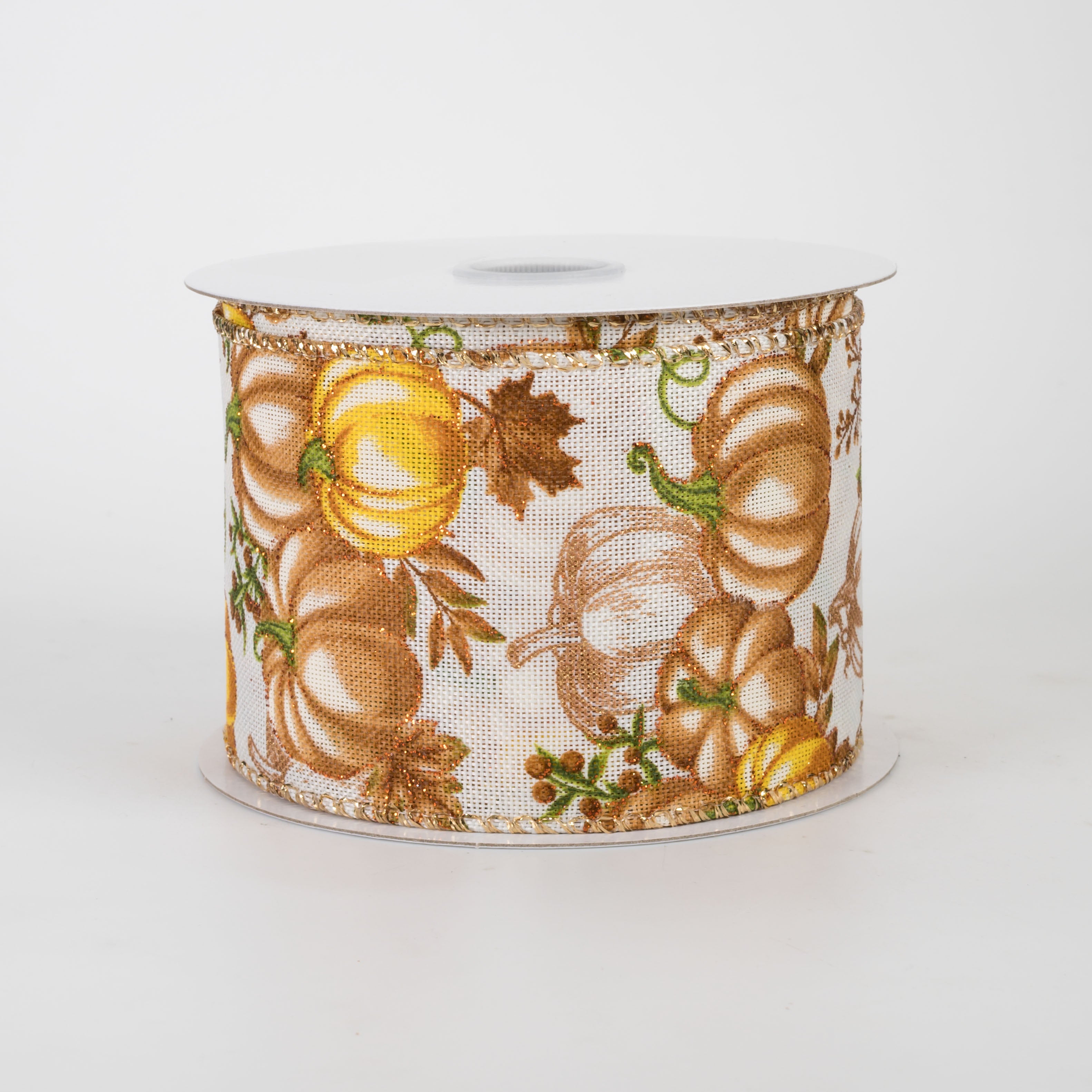 2.5" Yellow, Bronze & Gold Pumpkins Ribbon: Cream Linen (10 Yards)