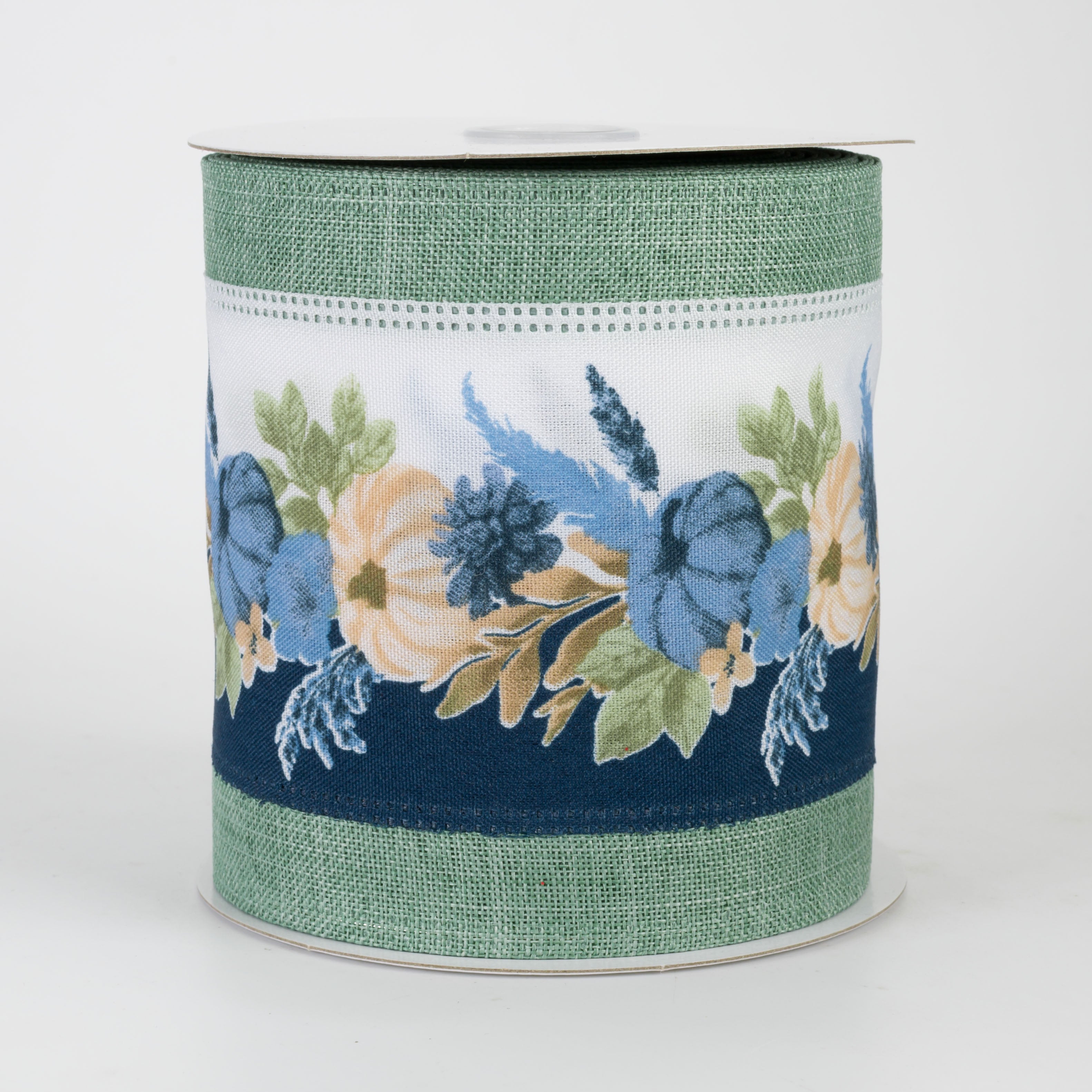 4" Navy Fall Pampas & Pumpkins Linen Edge Ribbon: Sage Green (10 Yards