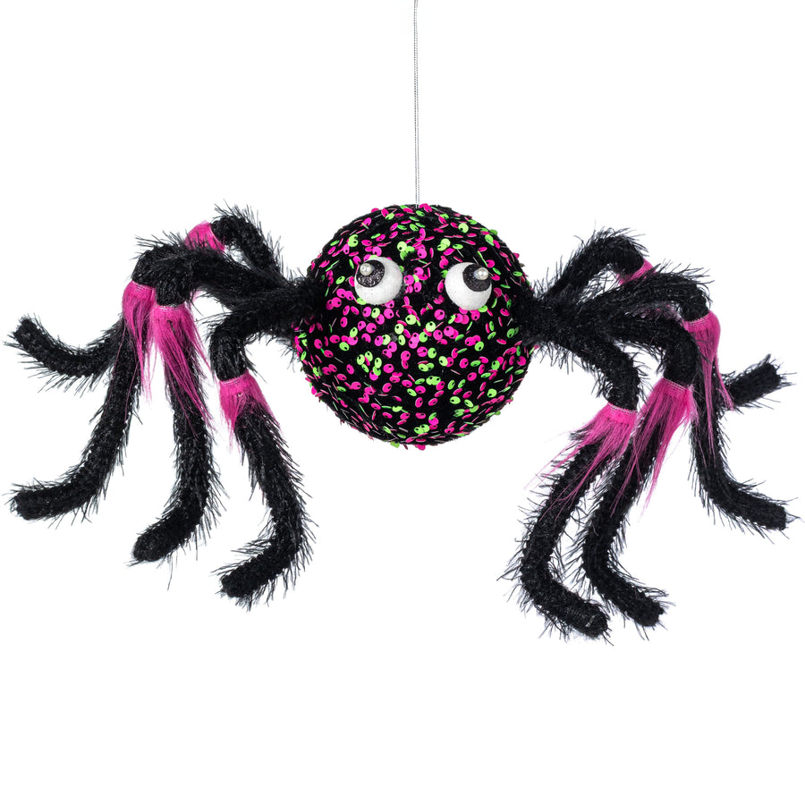 Neon Sequin Fuzzy Spider Ornament: Pink & Green