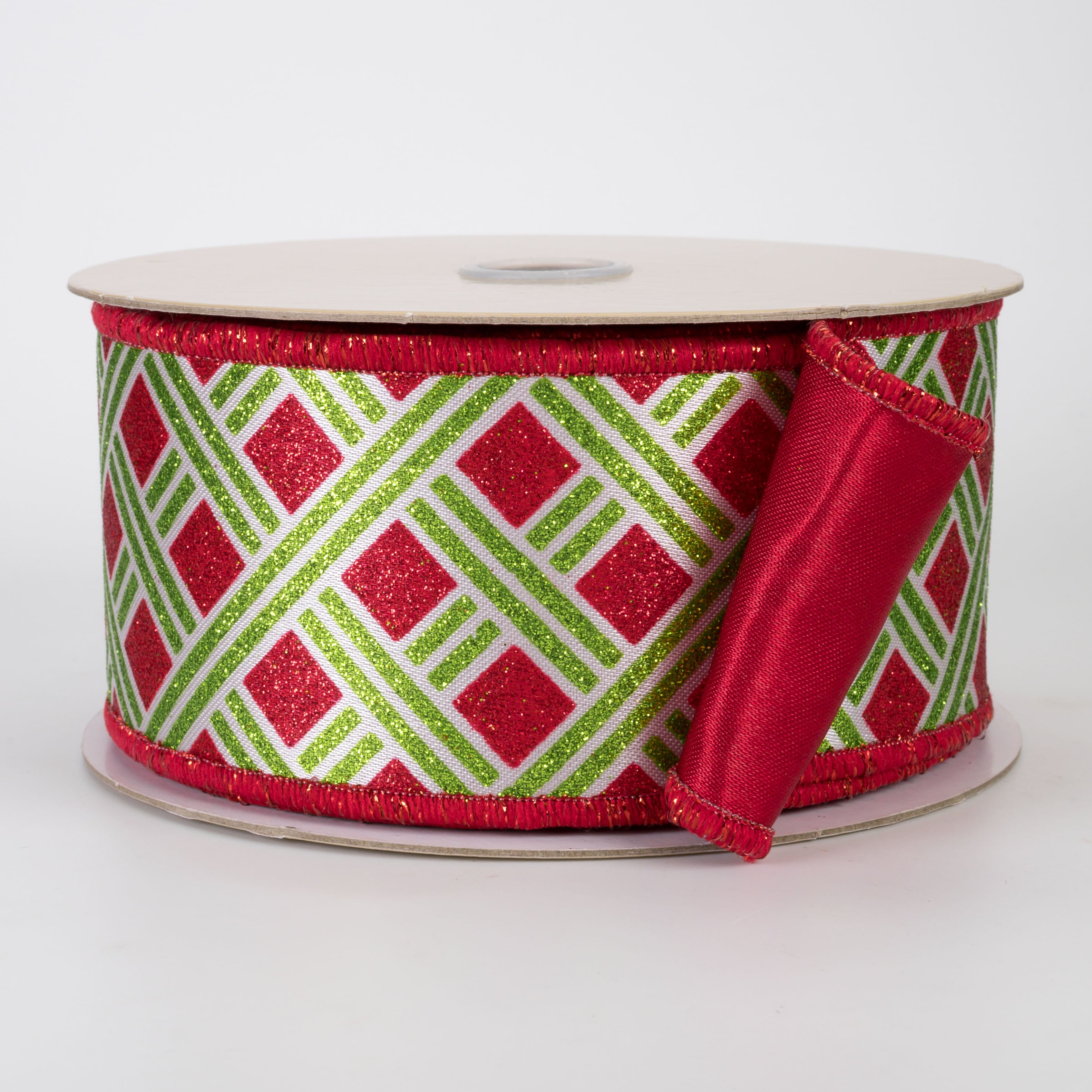 2.5" Double Sided Fused Metallic Basketweave Ribbon: Lime Green & Red