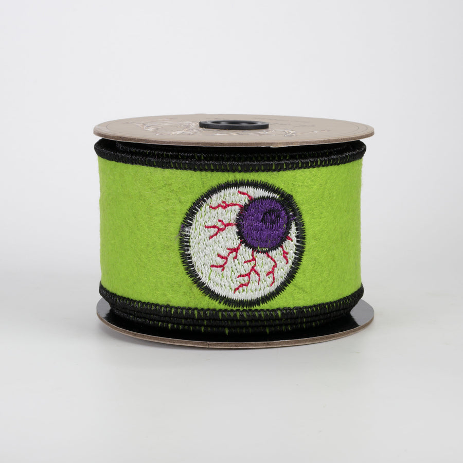 [D Stevens] 2" Felt Halloween Embroidered Eyeball Ribbon: Lime Green