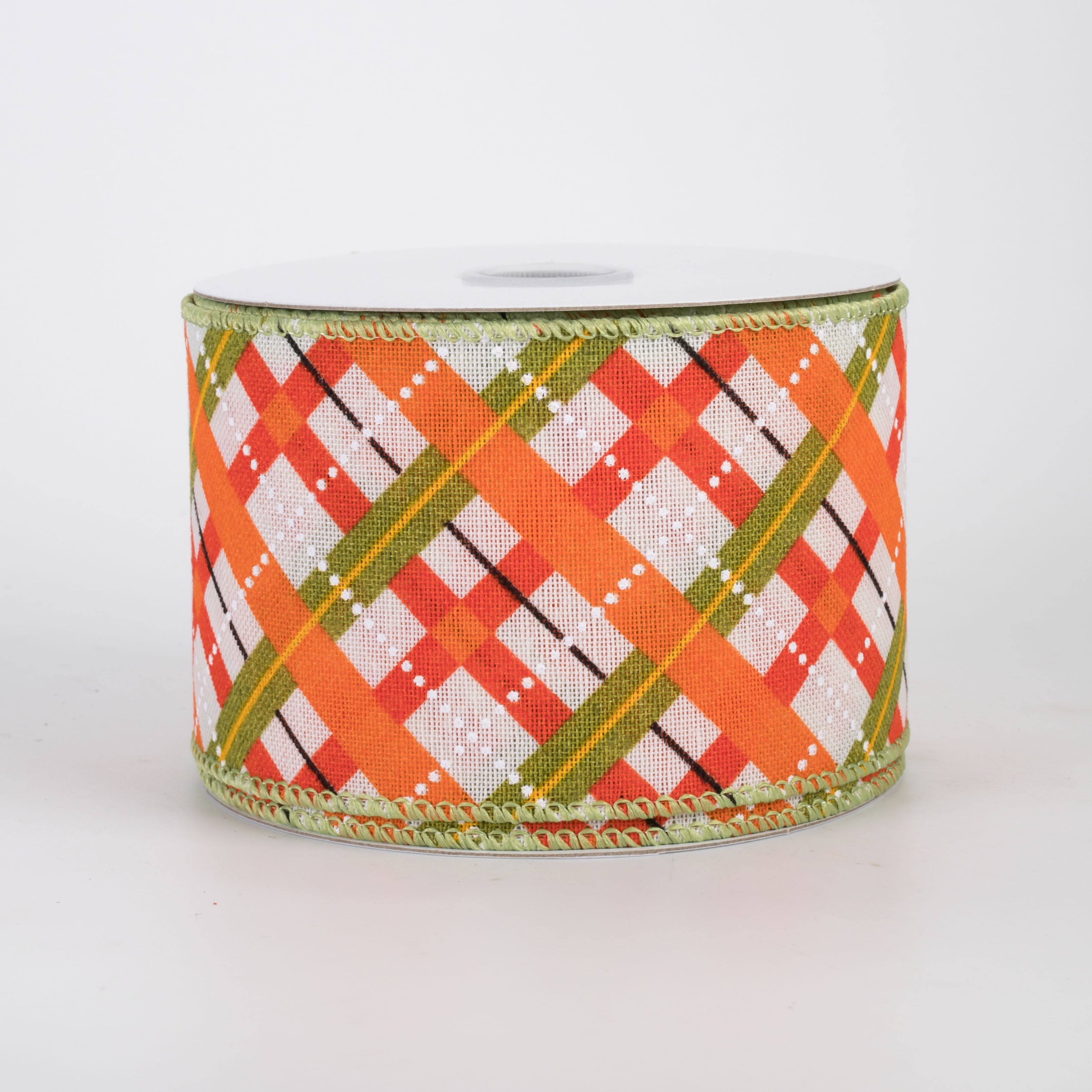 2.5" Canvas Wrigley Plaid Ribbon: Orange & Moss (10 Yards)