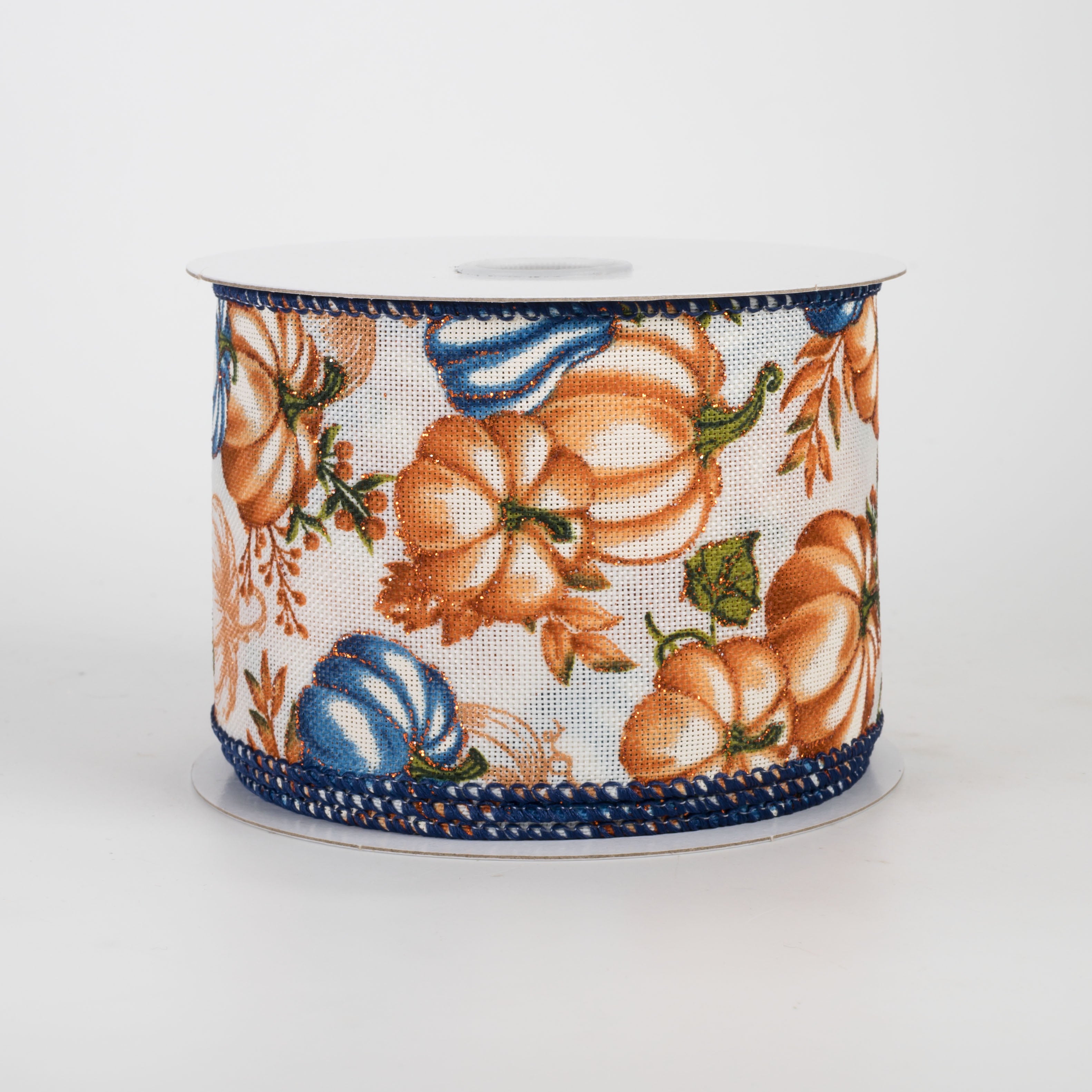 2.5" Rust, Blue & Gold Pumpkins Ribbon: Cream Linen (10 Yards)