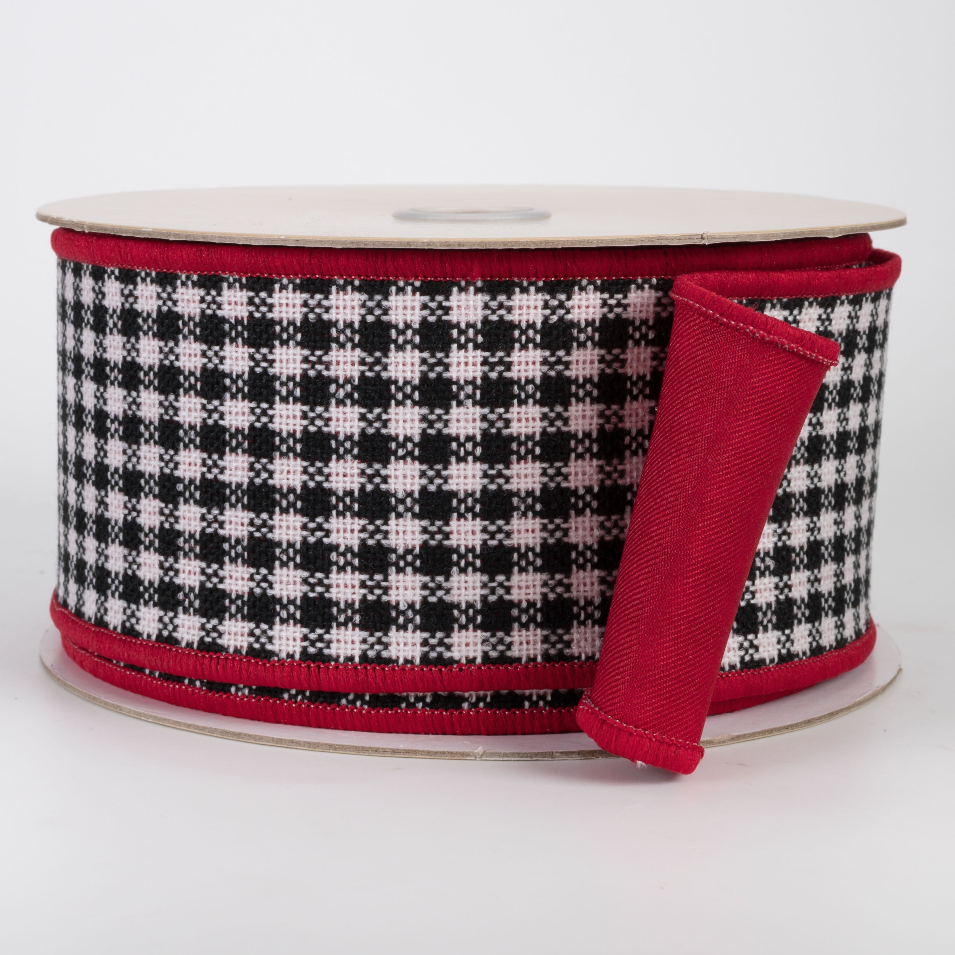 2.5" Double Sided Fused Mini Check Ribbon: Black, White & Red (10 Yard