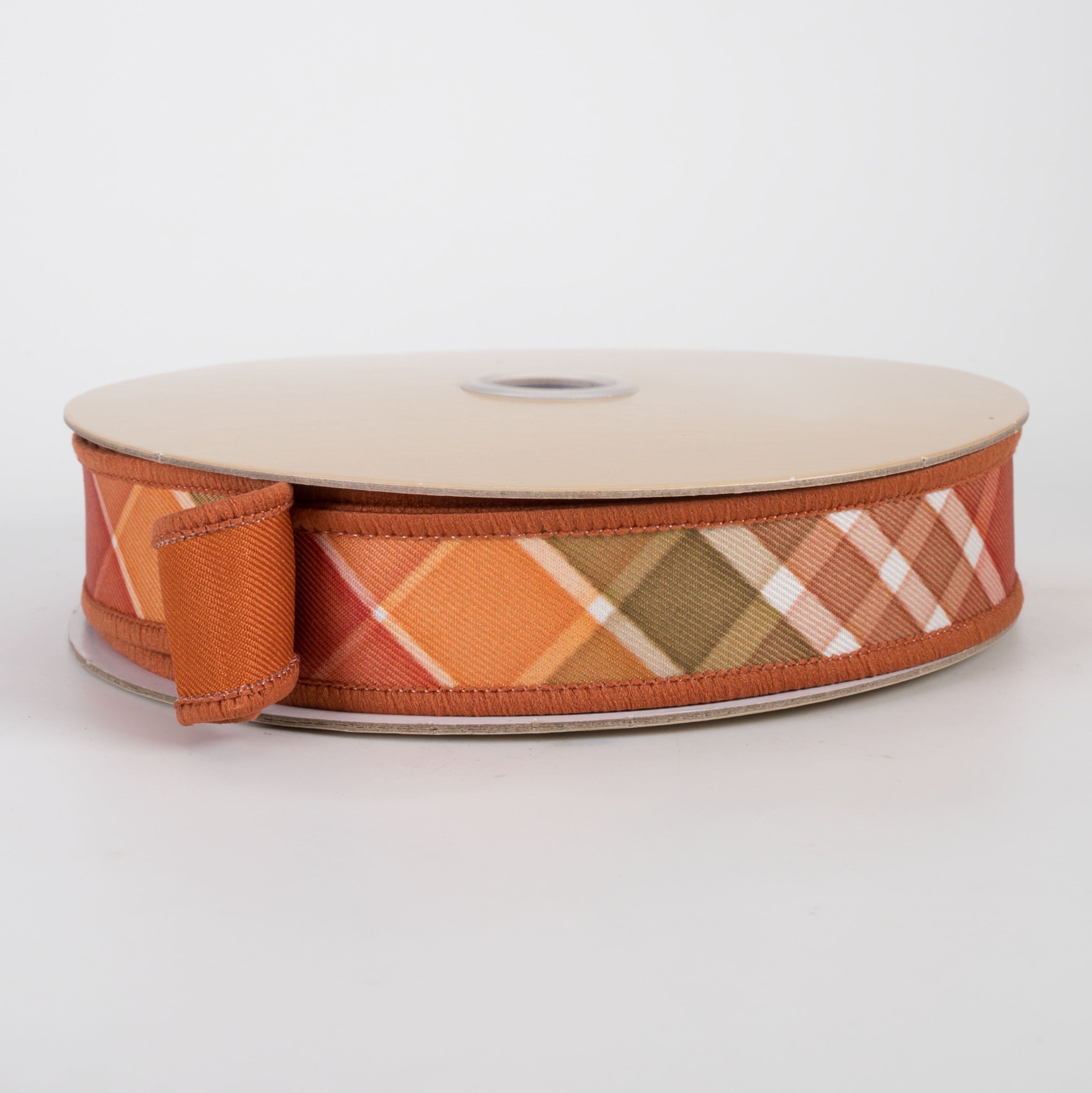 7/8" Double Sided Fused Fall Plaid Ribbon: Ivory, Rust & Moss (10 Yard