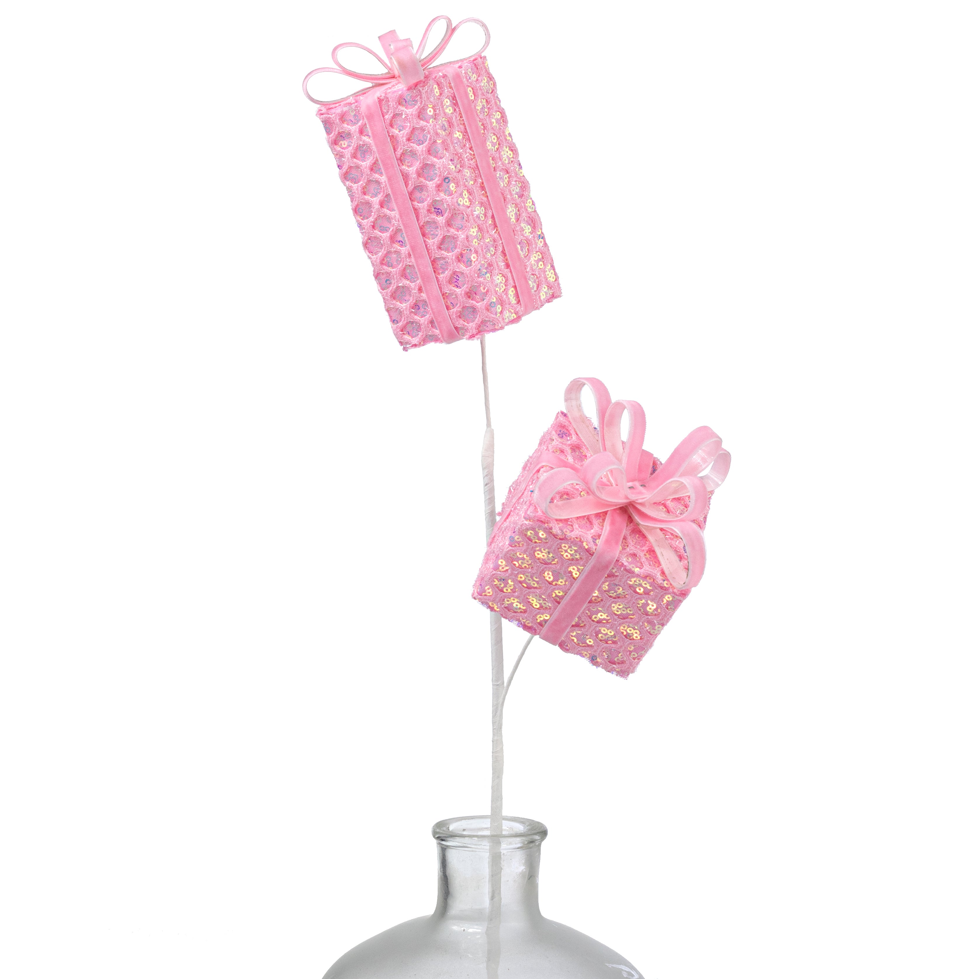 28" Mesh Sequin Gift Box Spray: Iridescent Pink