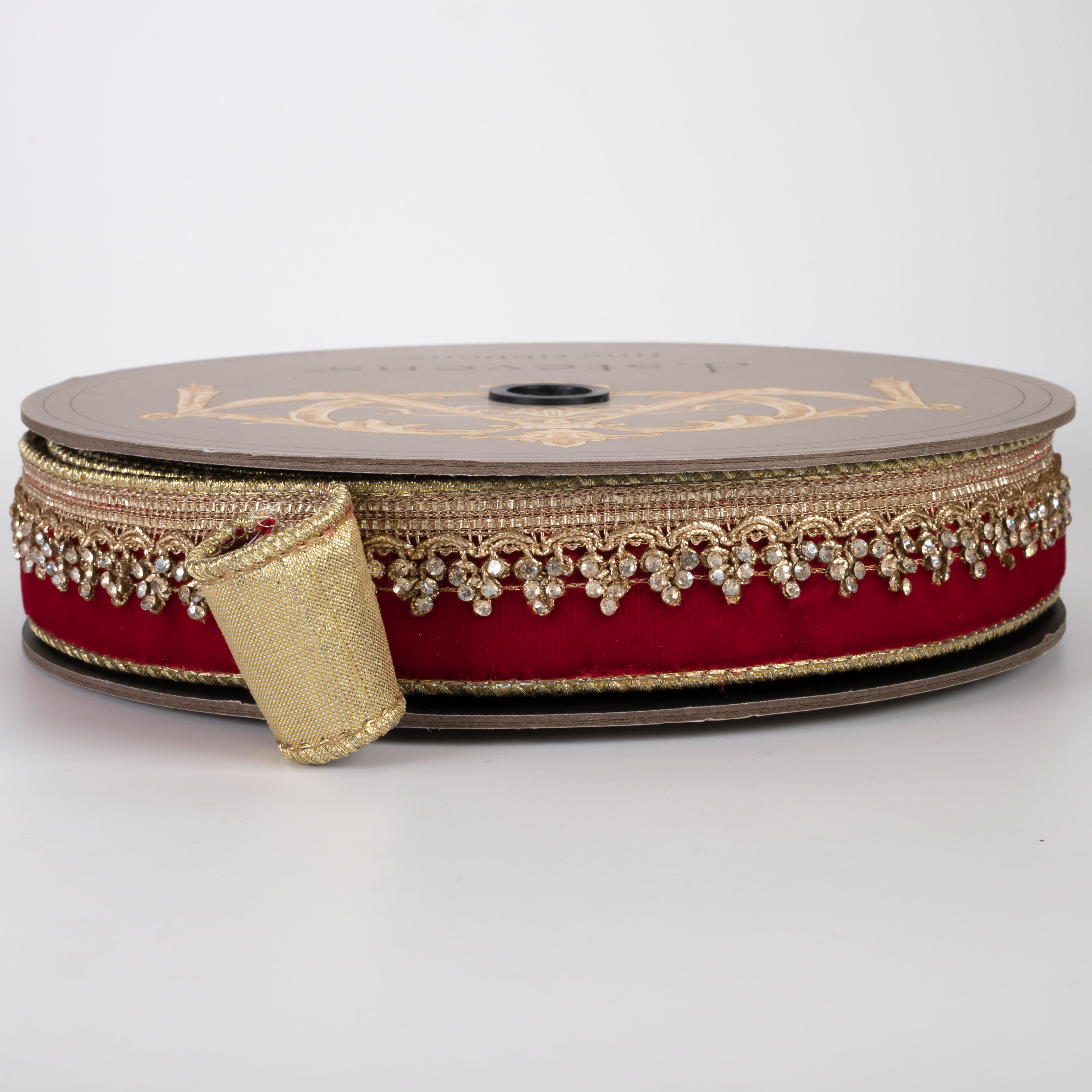 [D Stevens] 1.5" Velvet Gold Jewel Countess Trim Ribbon: Red (10 Yards