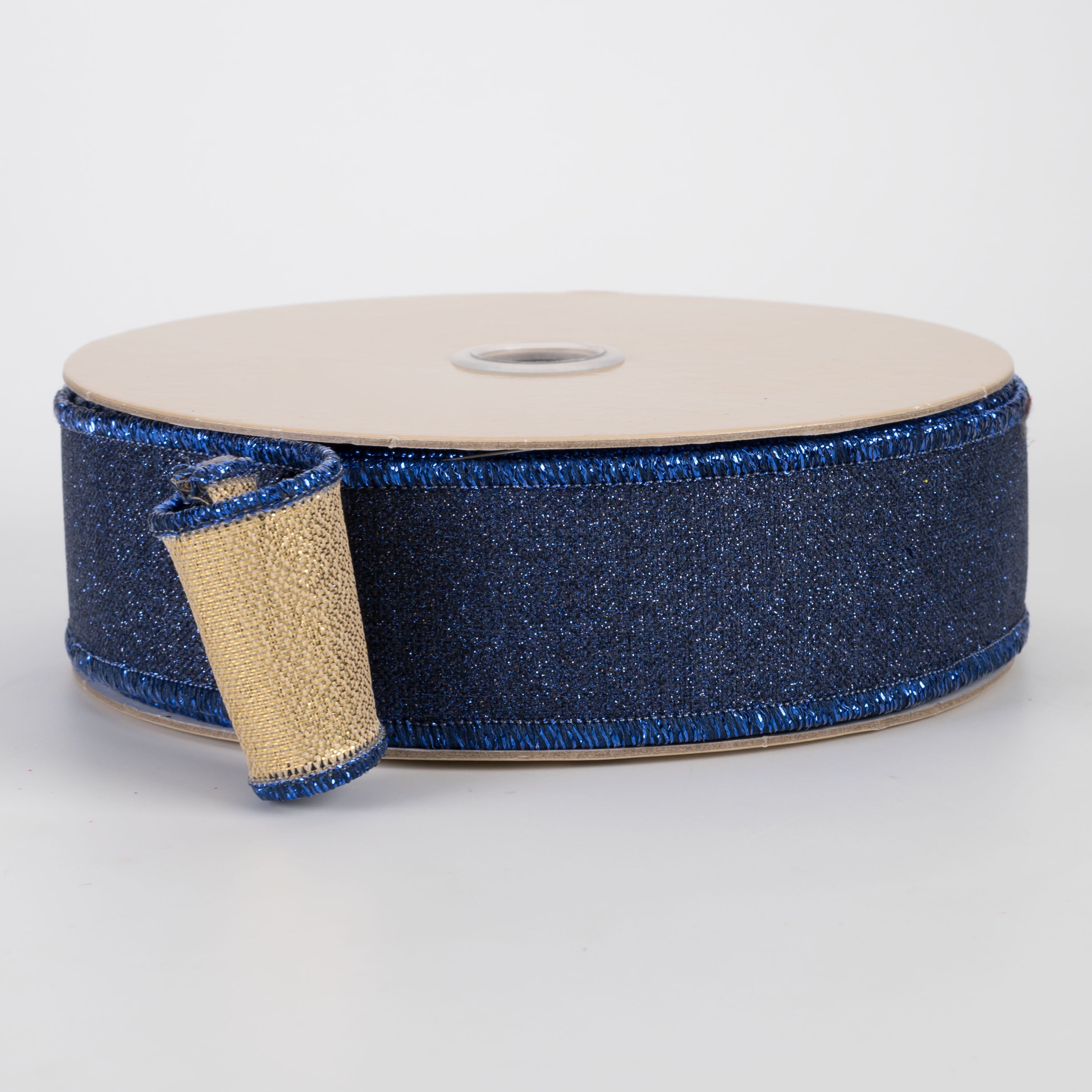 1.5" Double Sided Fused Fine Glitter Ribbon: Navy Blue & Gold (10 Yard