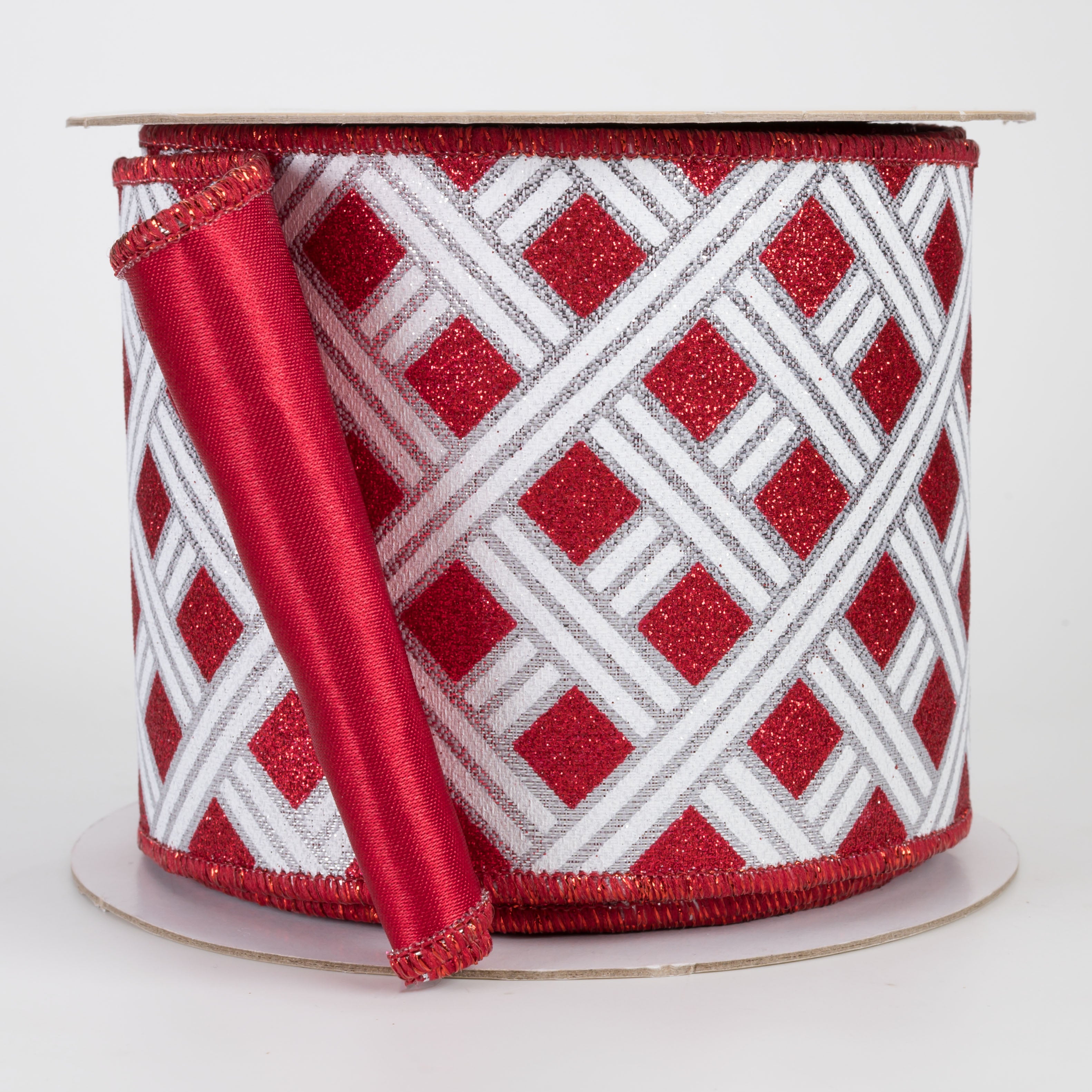 4" Double Sided Fused Metallic Basketweave Ribbon: Red & Silver (10 Ya