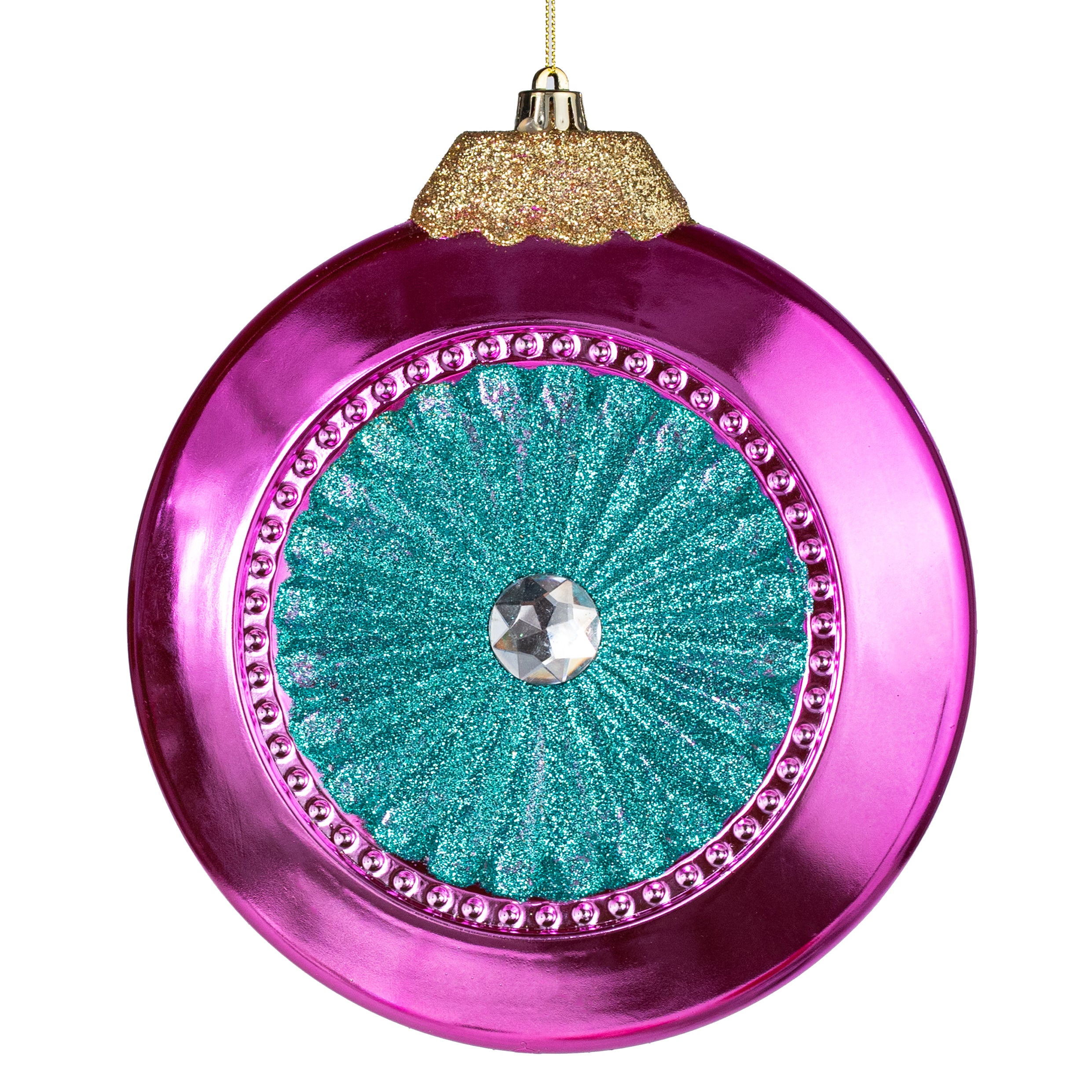8" Glittered Disc Flat Ornament: Fuchsia Pink & Mint Blue
