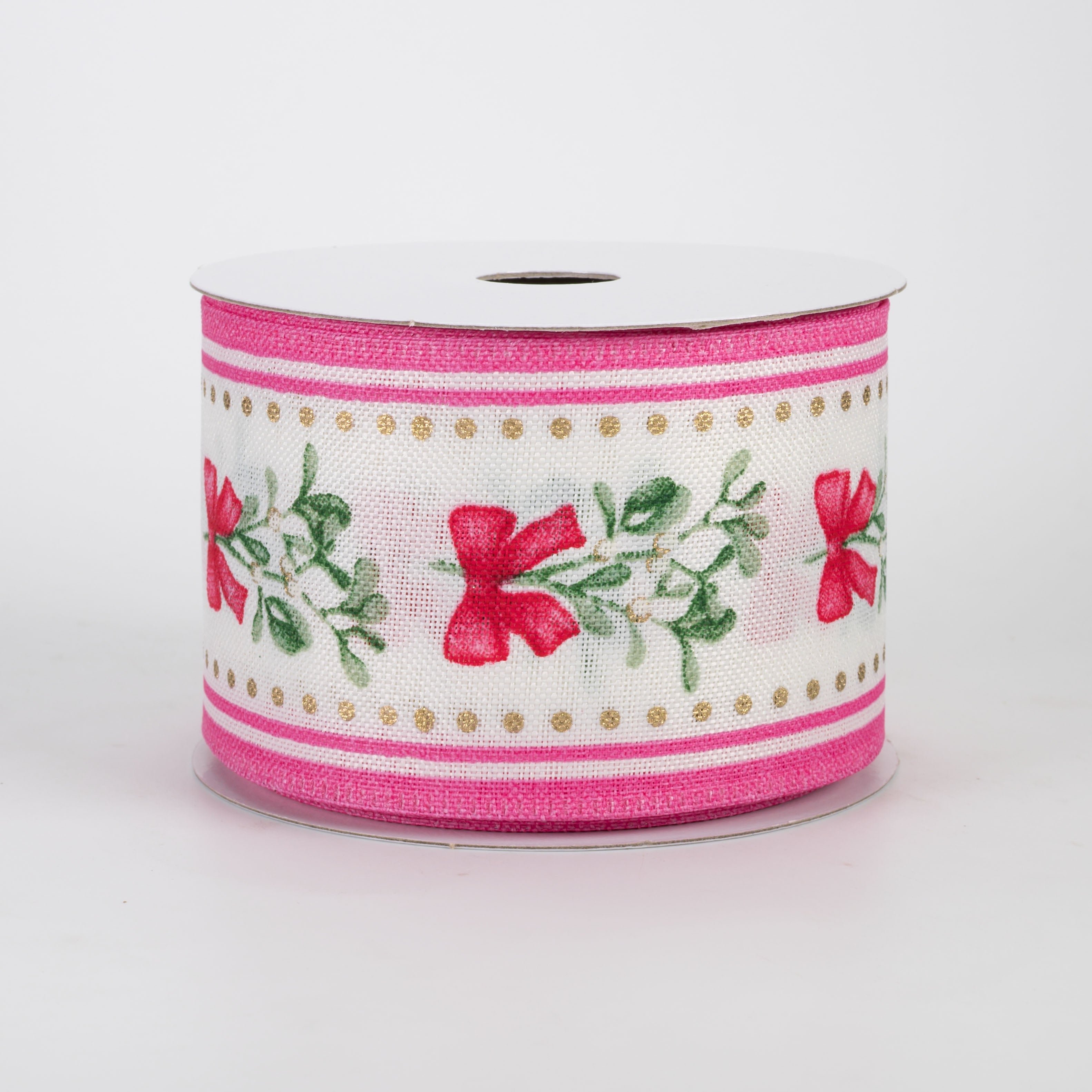 2.5" Linen Mistletoe Bows & Stripe Edges Ribbon: Pink & Ivory (10 Yard