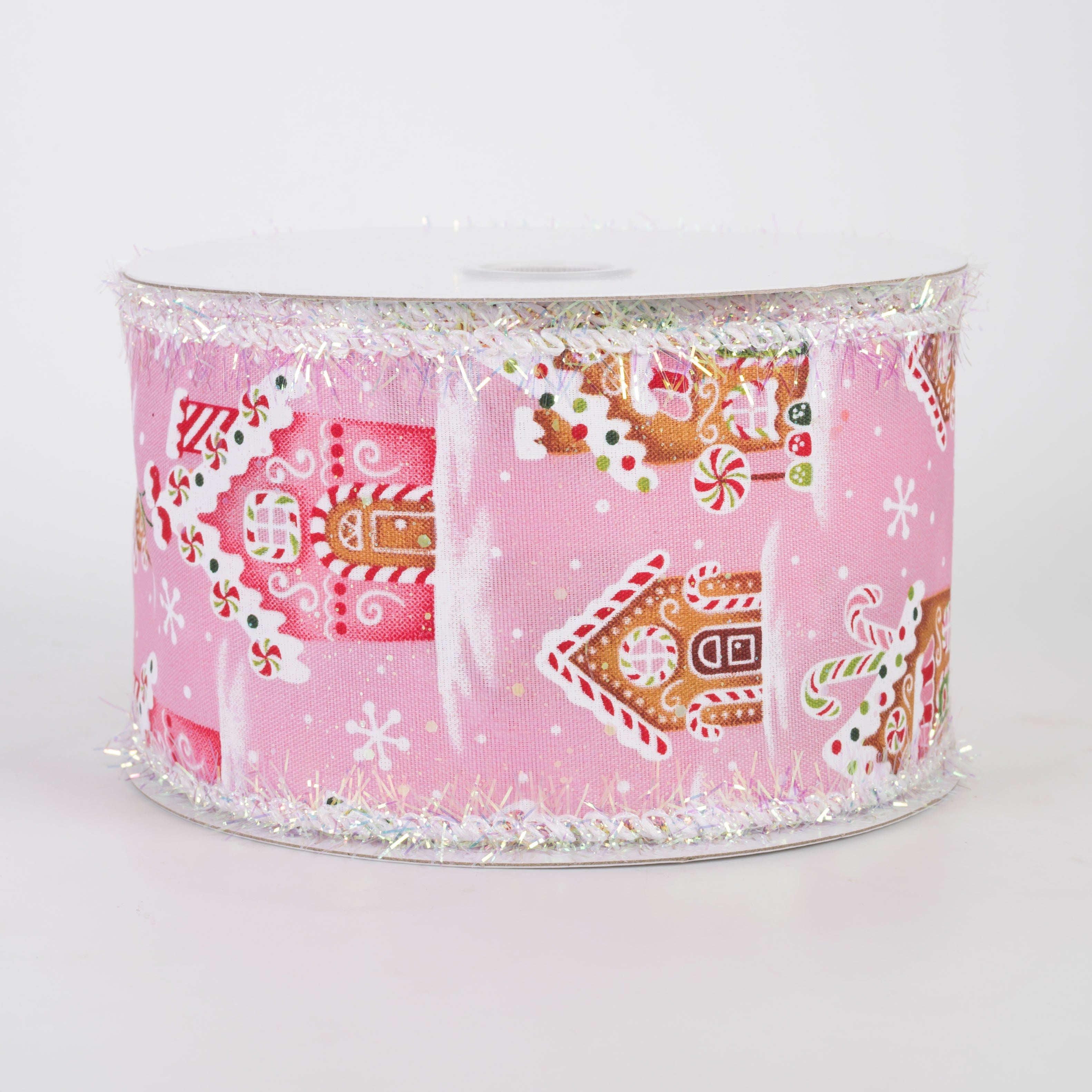 2.5" Tinsel Edge Gingerbread Sweet Shop Ribbon: Pink (10 Yards)