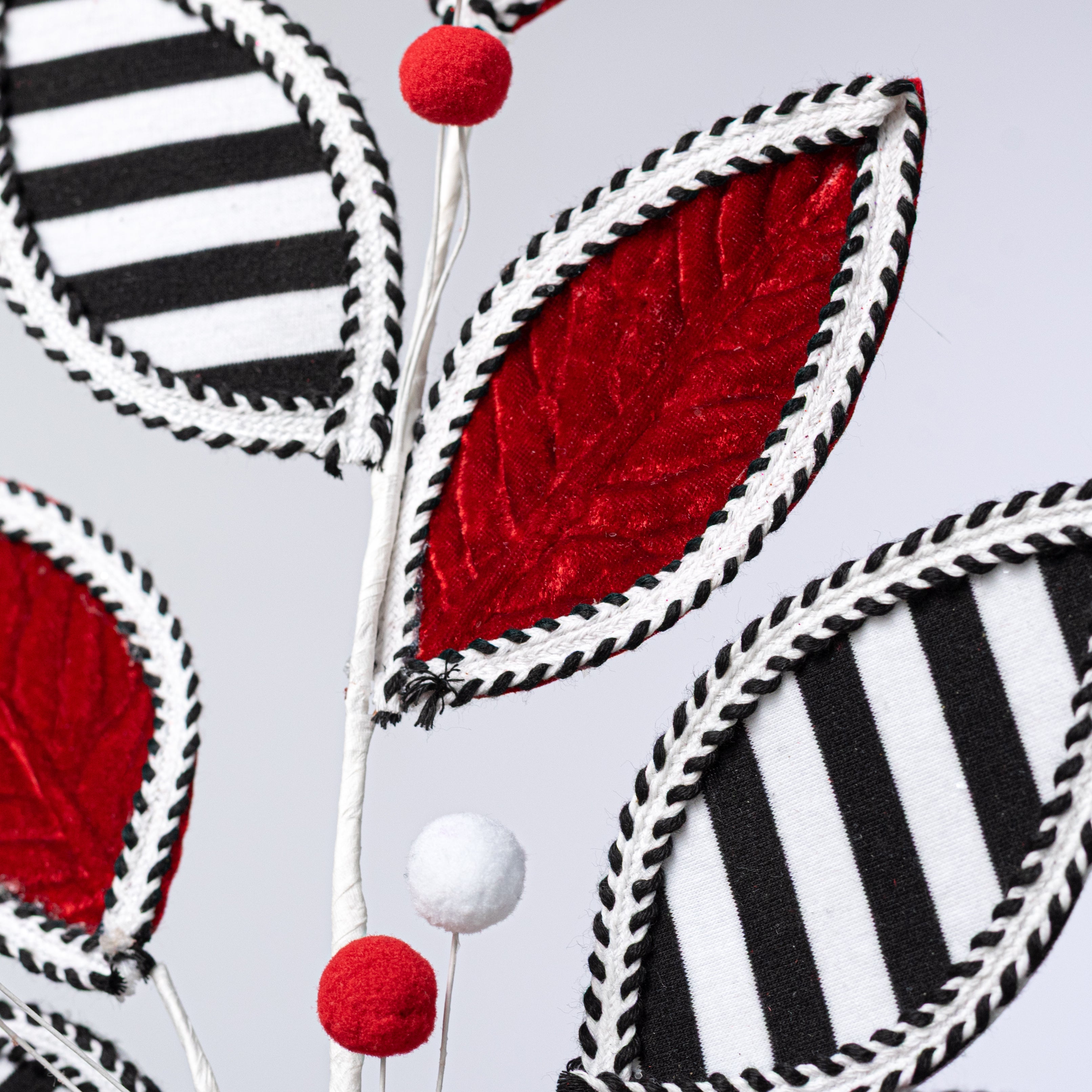 29" Velvet & Stripes Leaves Spray: Red, Black & White