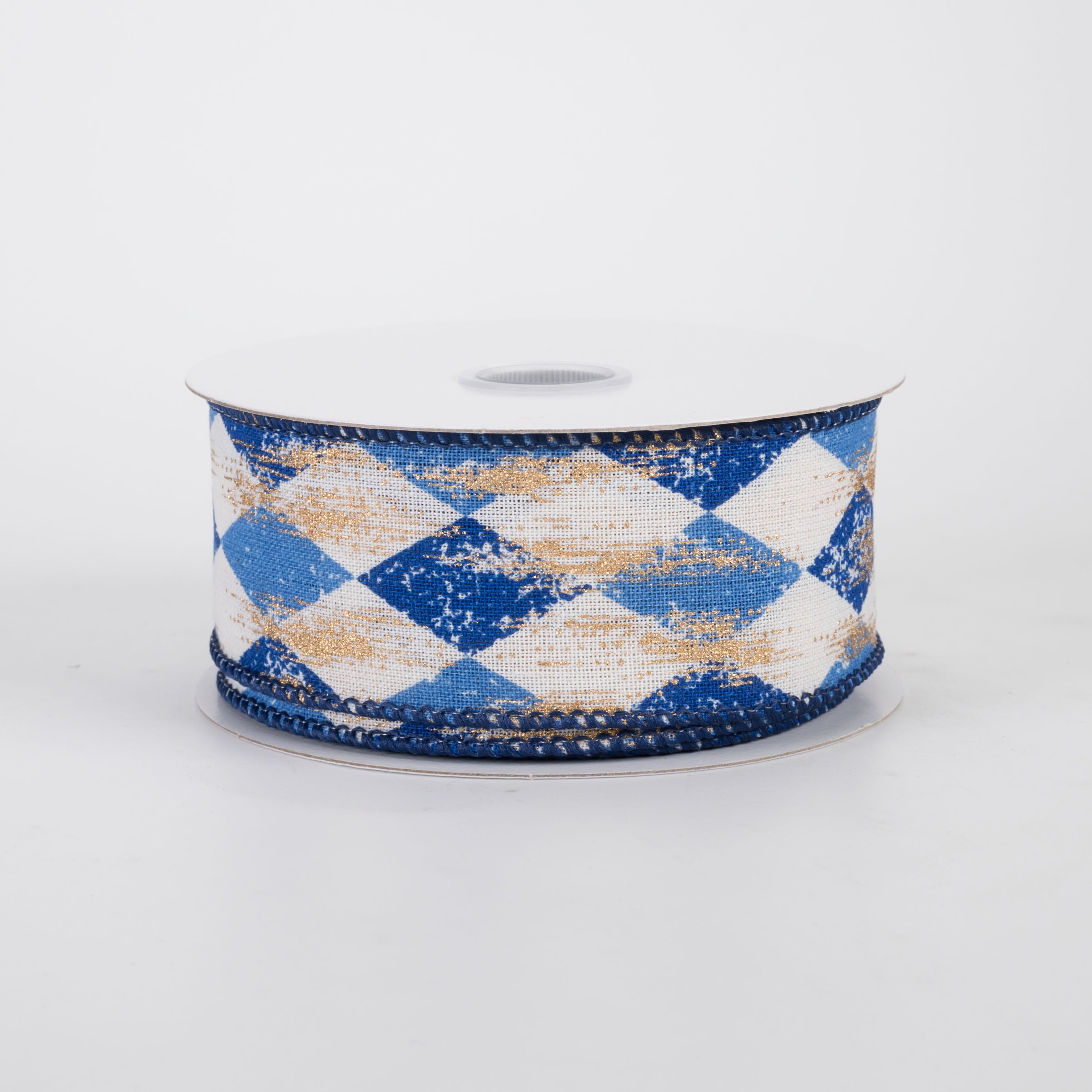 1.5" Canvas Harlequin Gold Painted Ribbon: Cream, Blue & Navy (10 Yard
