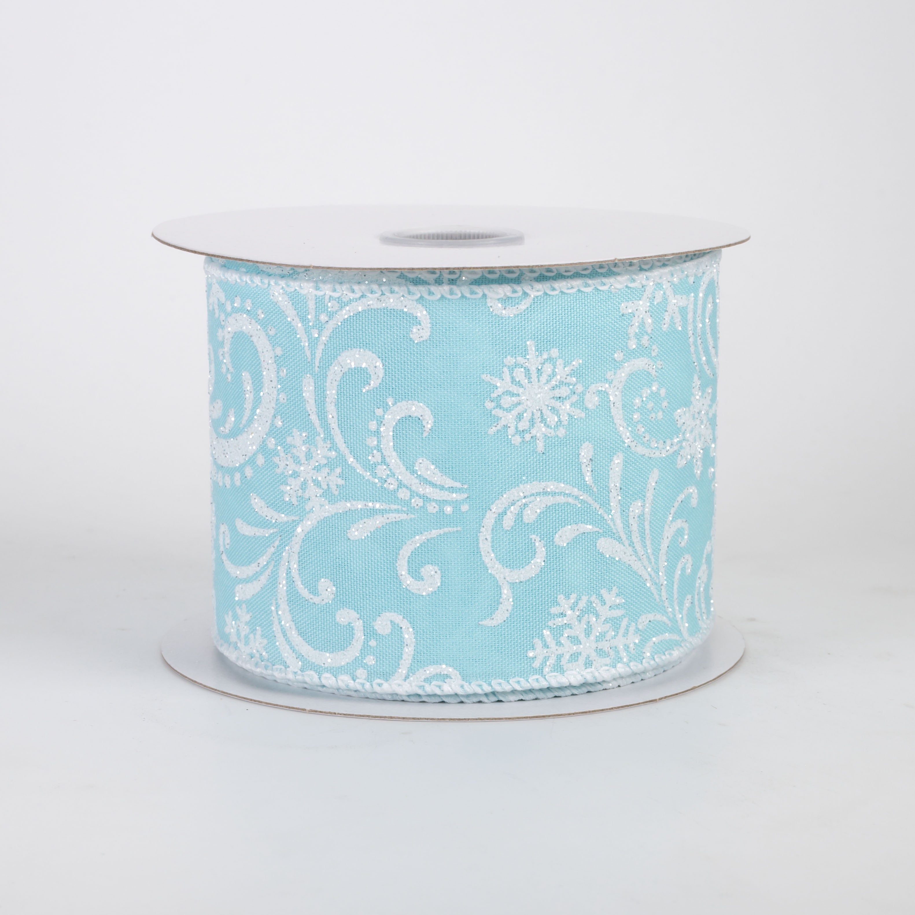 2.5" Glittered Satin Snow Flurry Ribbon: Blue & White (10 Yards)