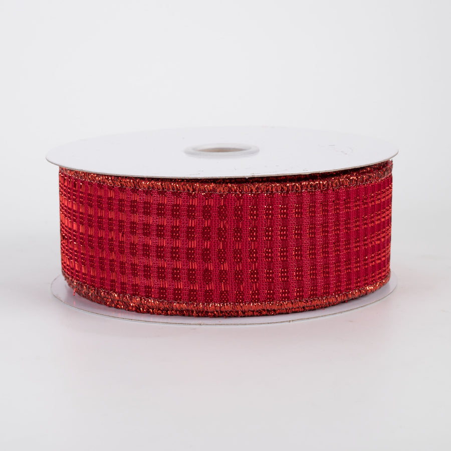 1.5" Metallic Rishi Woven Grid Ribbon: Red (10 Yards)
