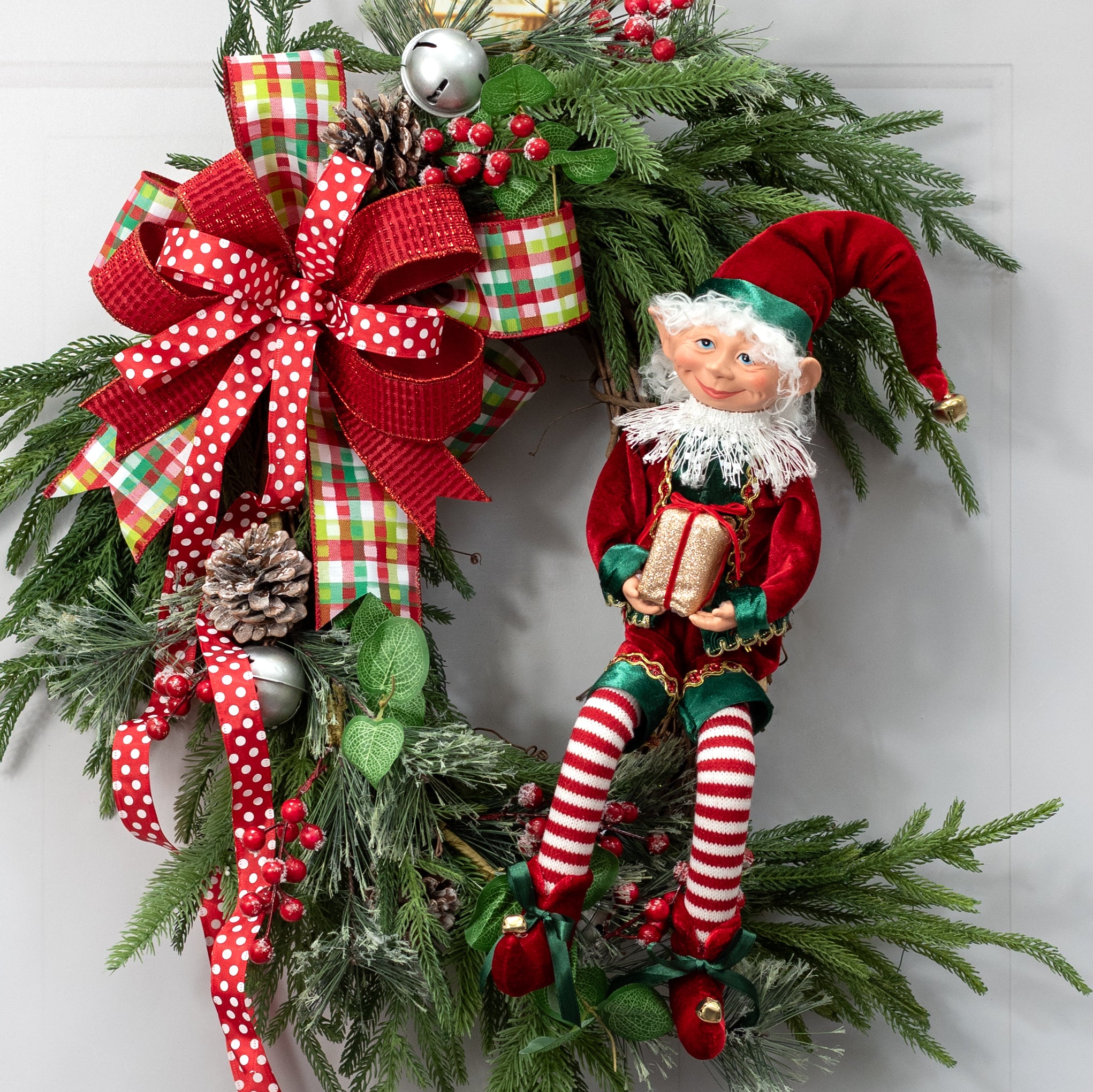 18" Velvet Traditional Christmas Elf with Gift Box