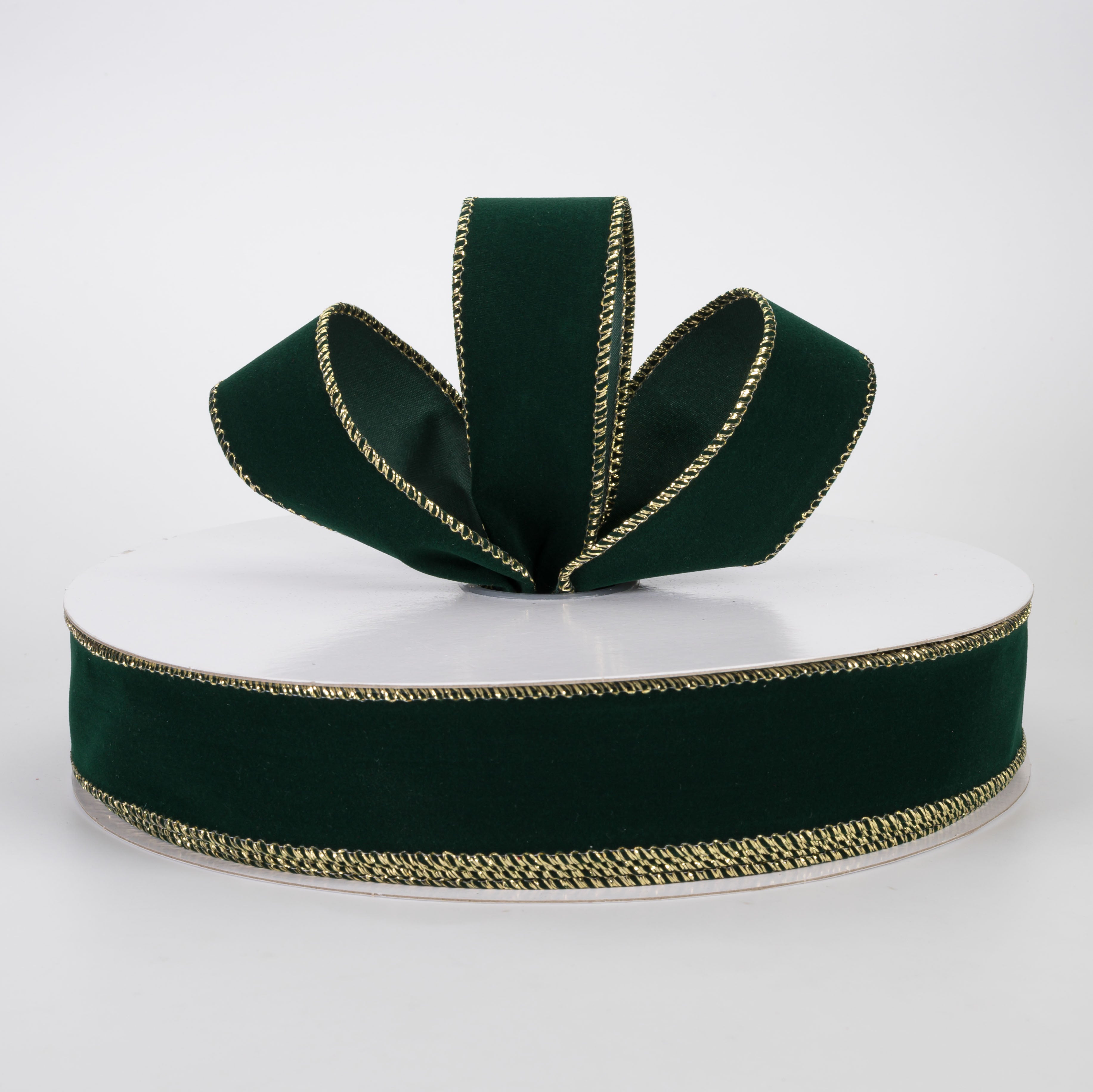 1.5" Stitched Edge Velvet Ribbon: Hunter Green with Gold (50 Yards)