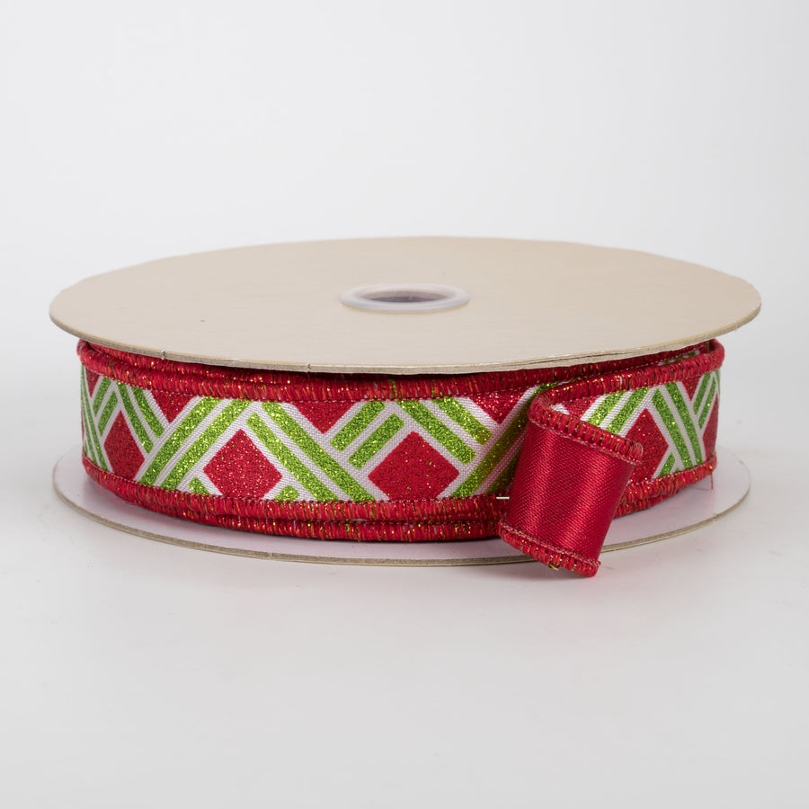 7/8" Double Sided Fused Metallic Basketweave Ribbon: Lime Green & Red