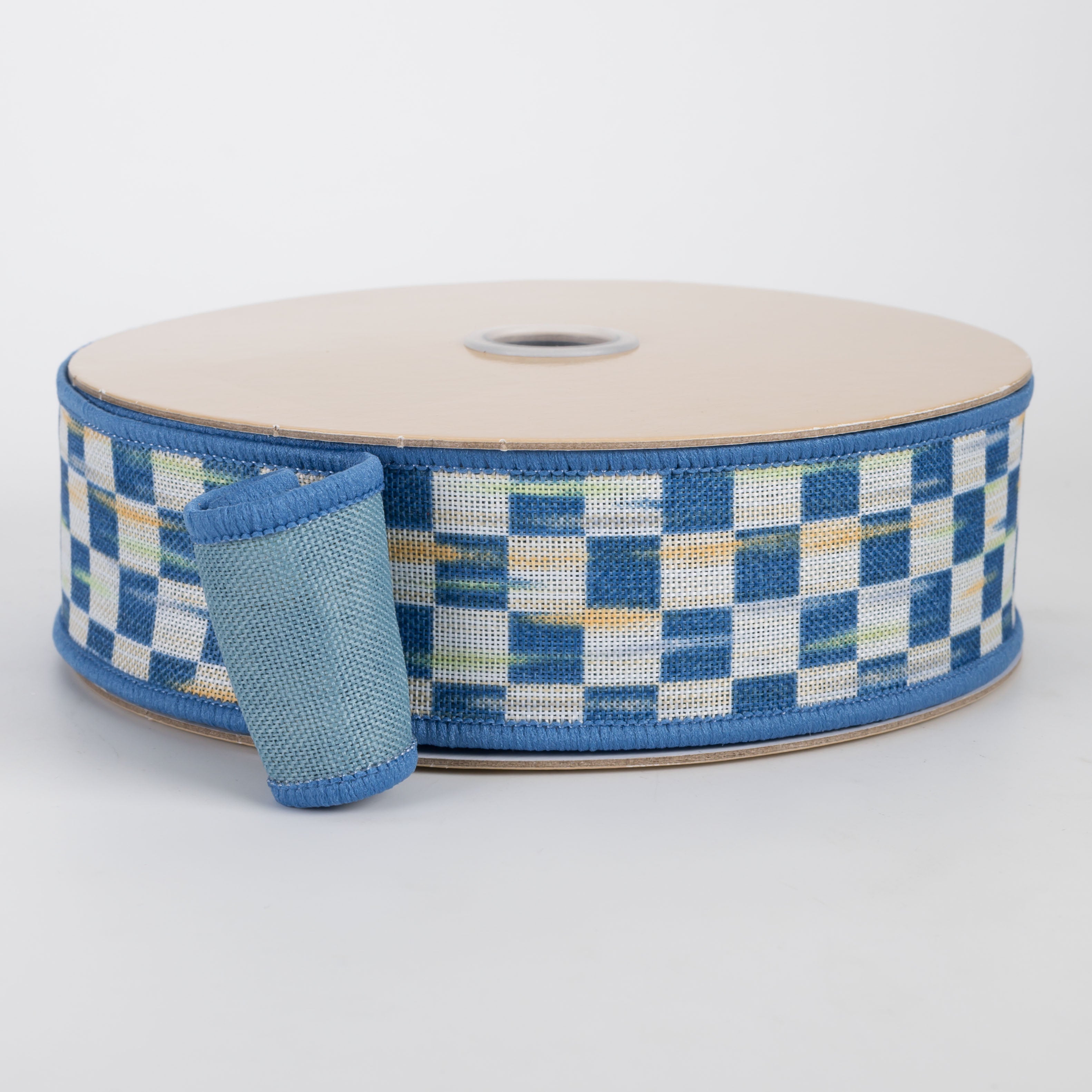 1.5" Double Sided Fused Mini Antique Checkerboard Ribbon: Beige & Blue