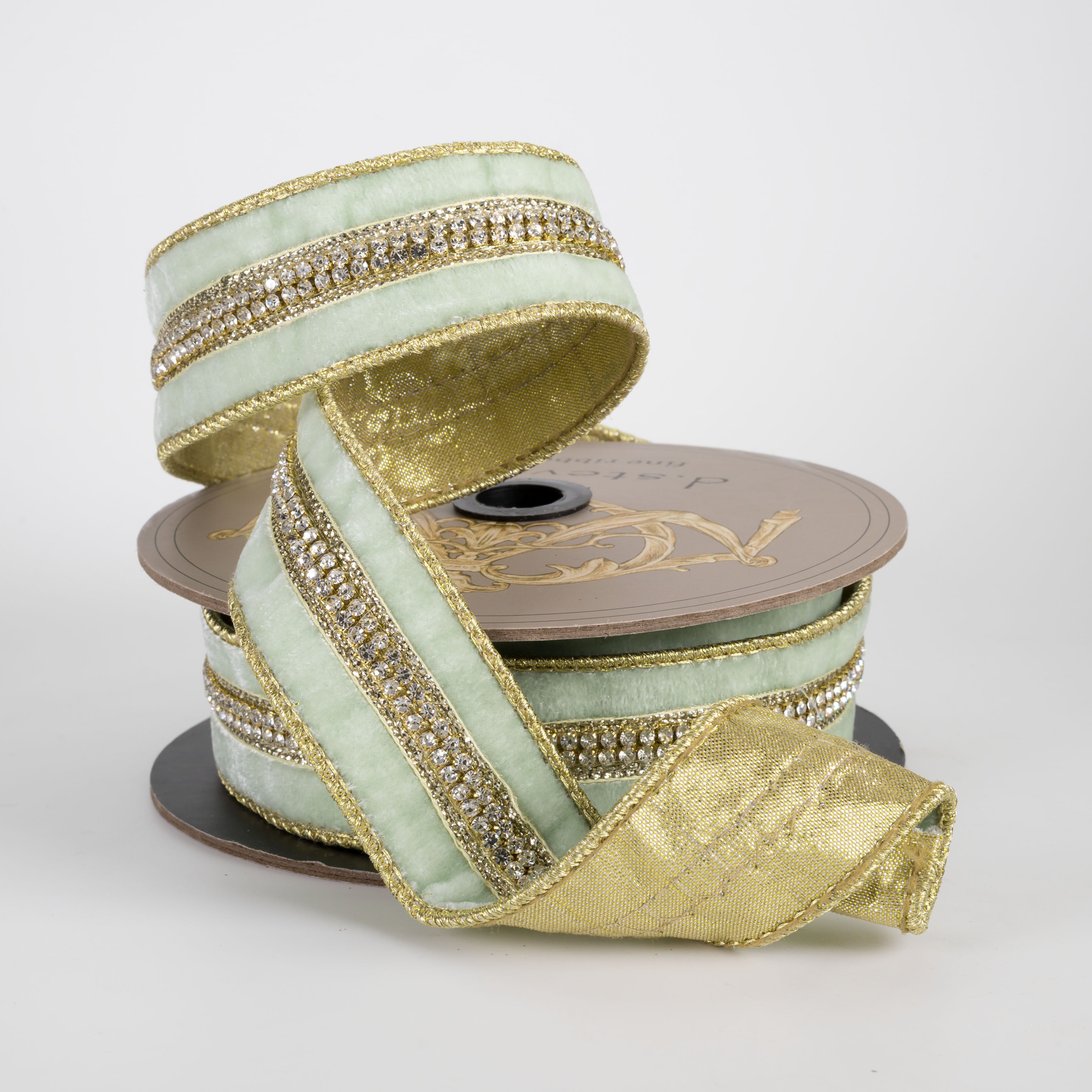 [D Stevens] 1.5" Velvet Iris Crystal Jewel Trim Ribbon: Mint Green (5