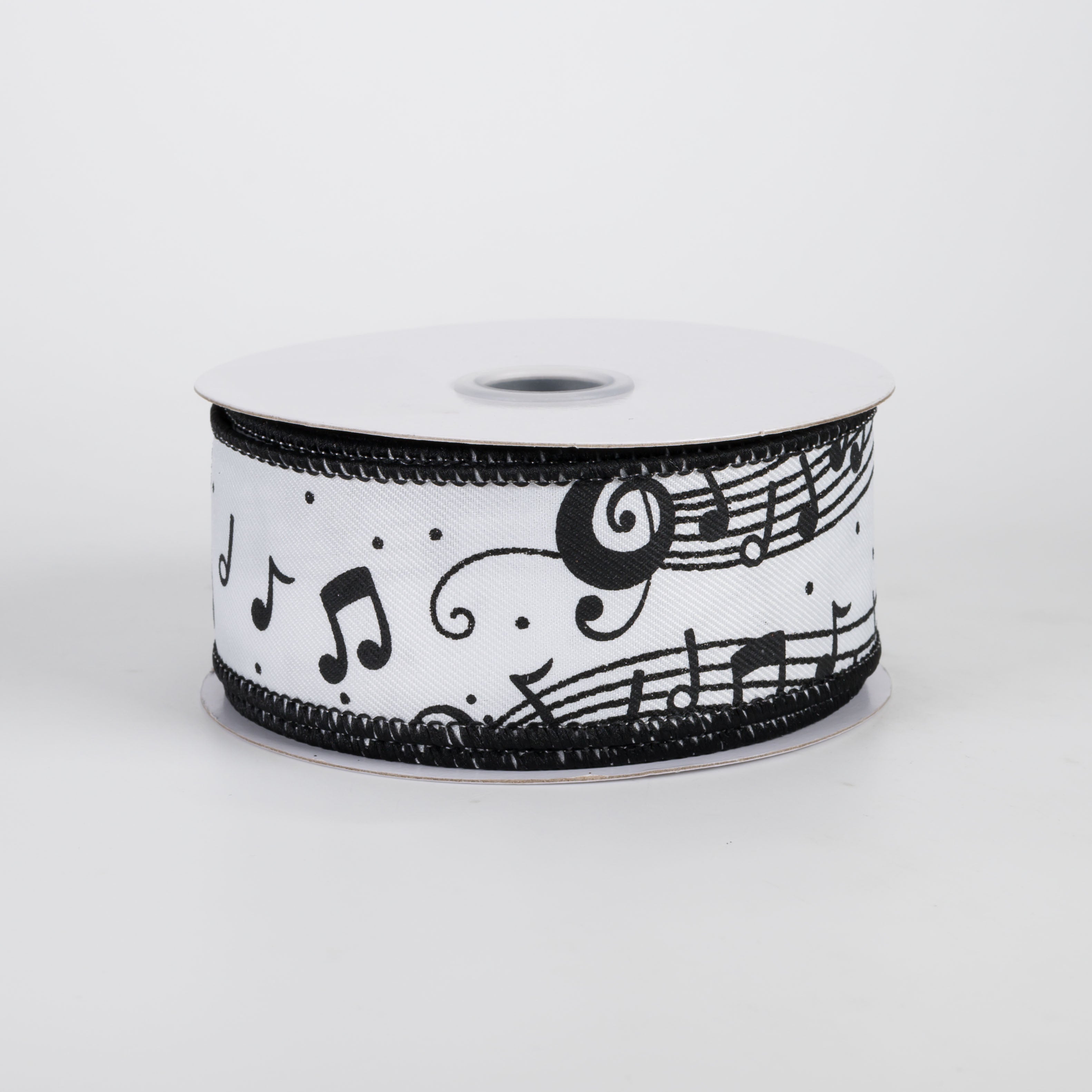 1.5" Music Notes & Staff Ribbon: Black on White (10 Yards)