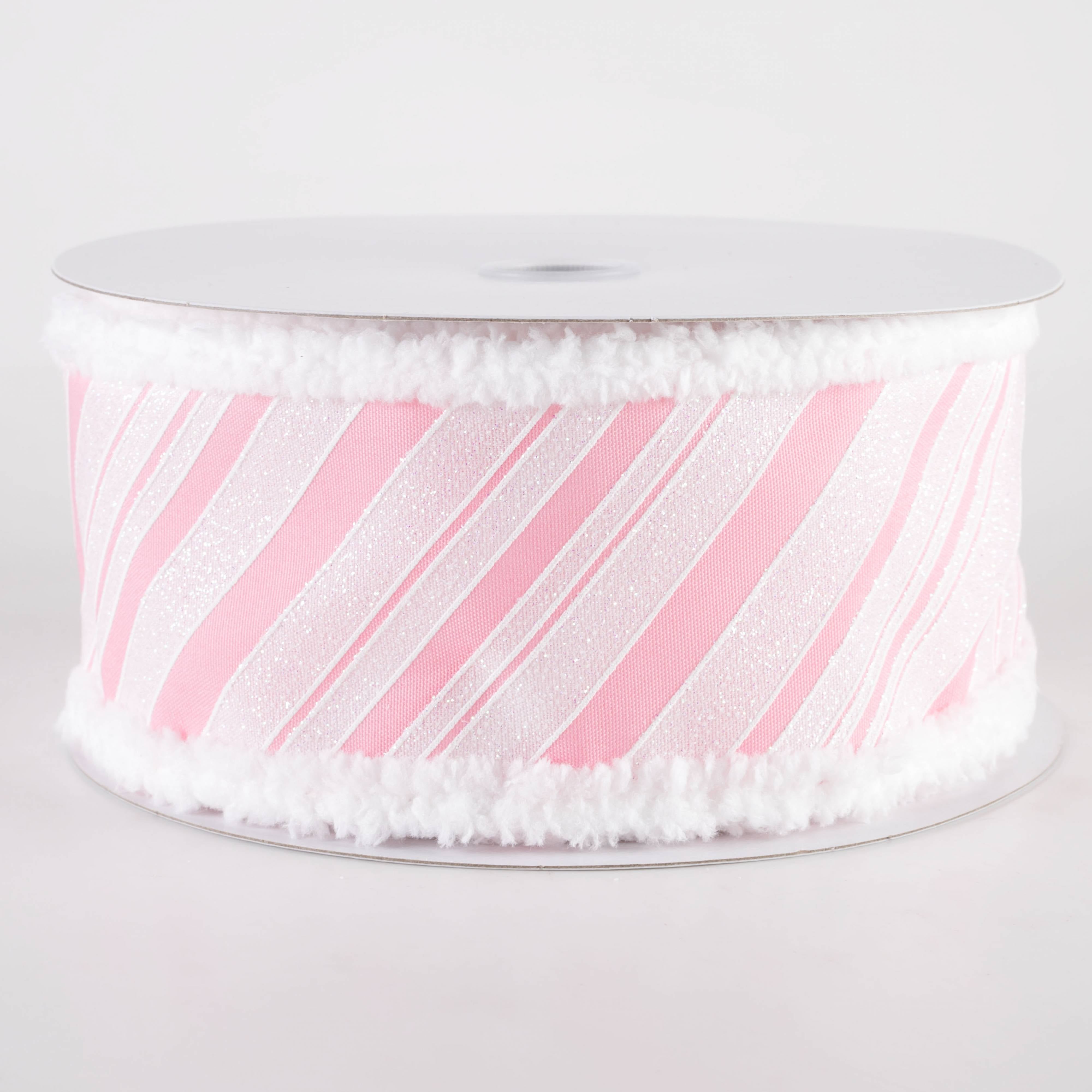 2.5" Iridescent Diagonal Stripe Candy Cane Snow Edge Ribbon: Pink & Wh