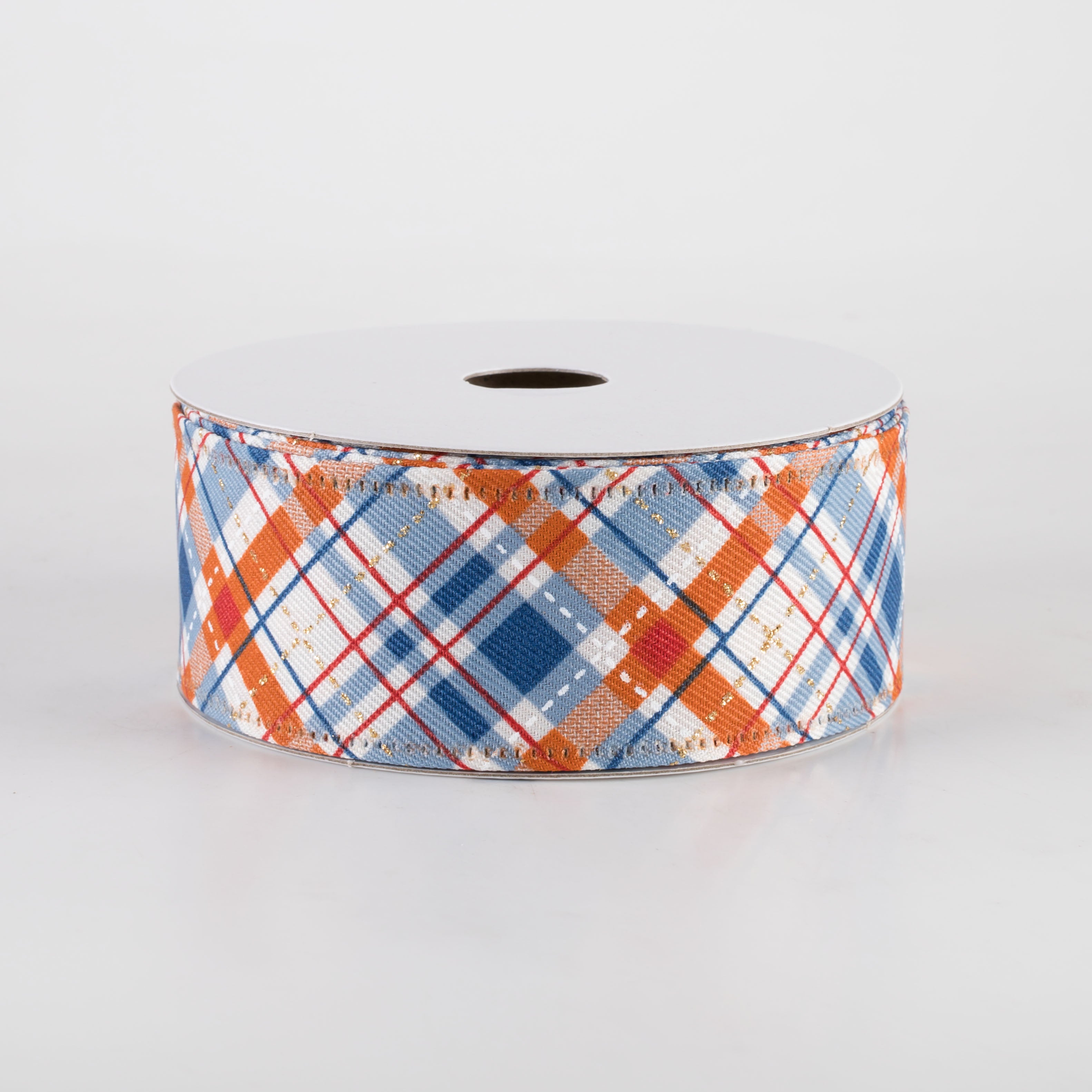 1.5" Linen Argyle Plaid Ribbon: Rust Orange & Blue on Ivory (10 Yards)