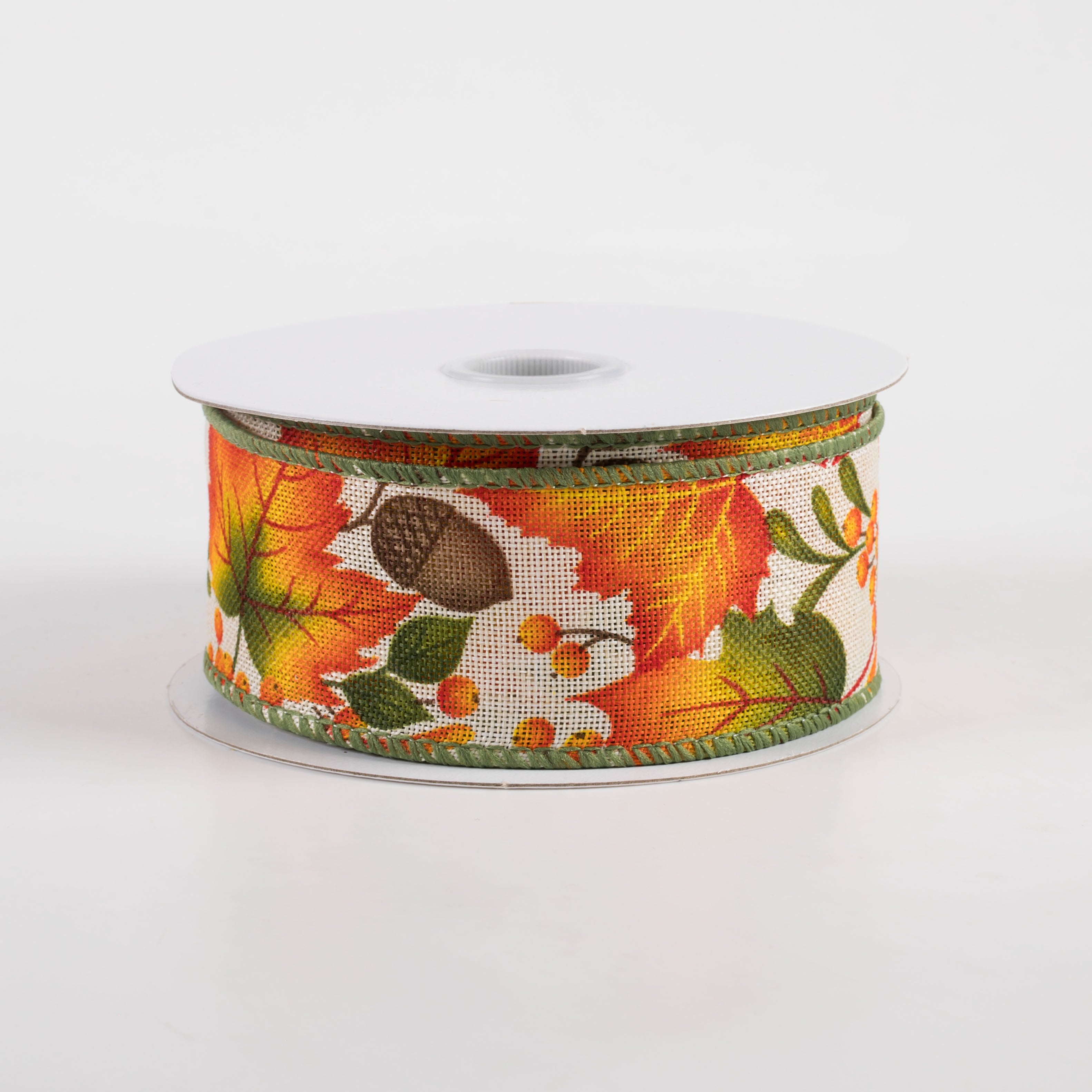 1.5" Linen Brown Fall Leaves Ribbon: Ivory (10 Yards)