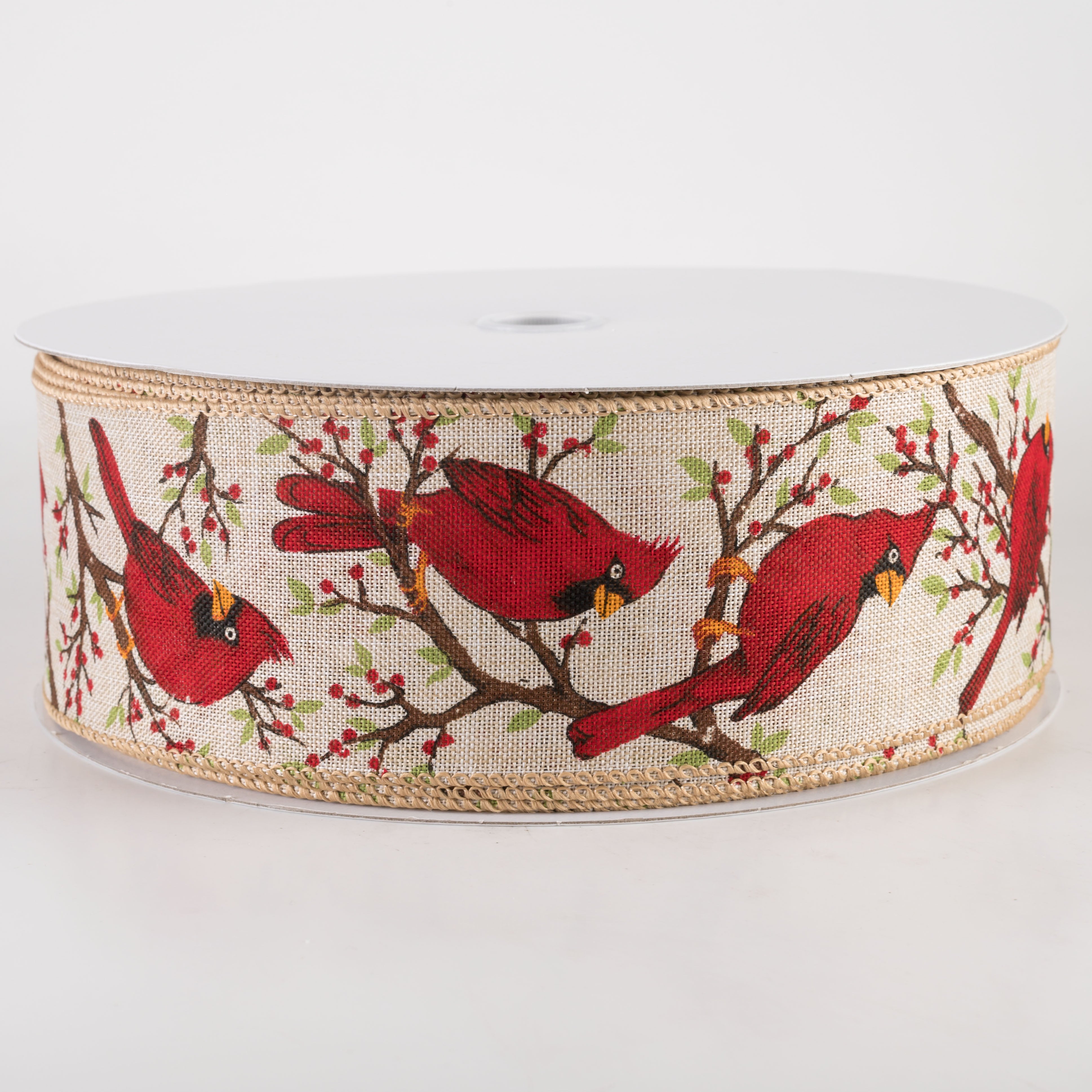 2.5" Linen Red Cardinal Bird on Branch Ribbon: Natural (50 Yards)
