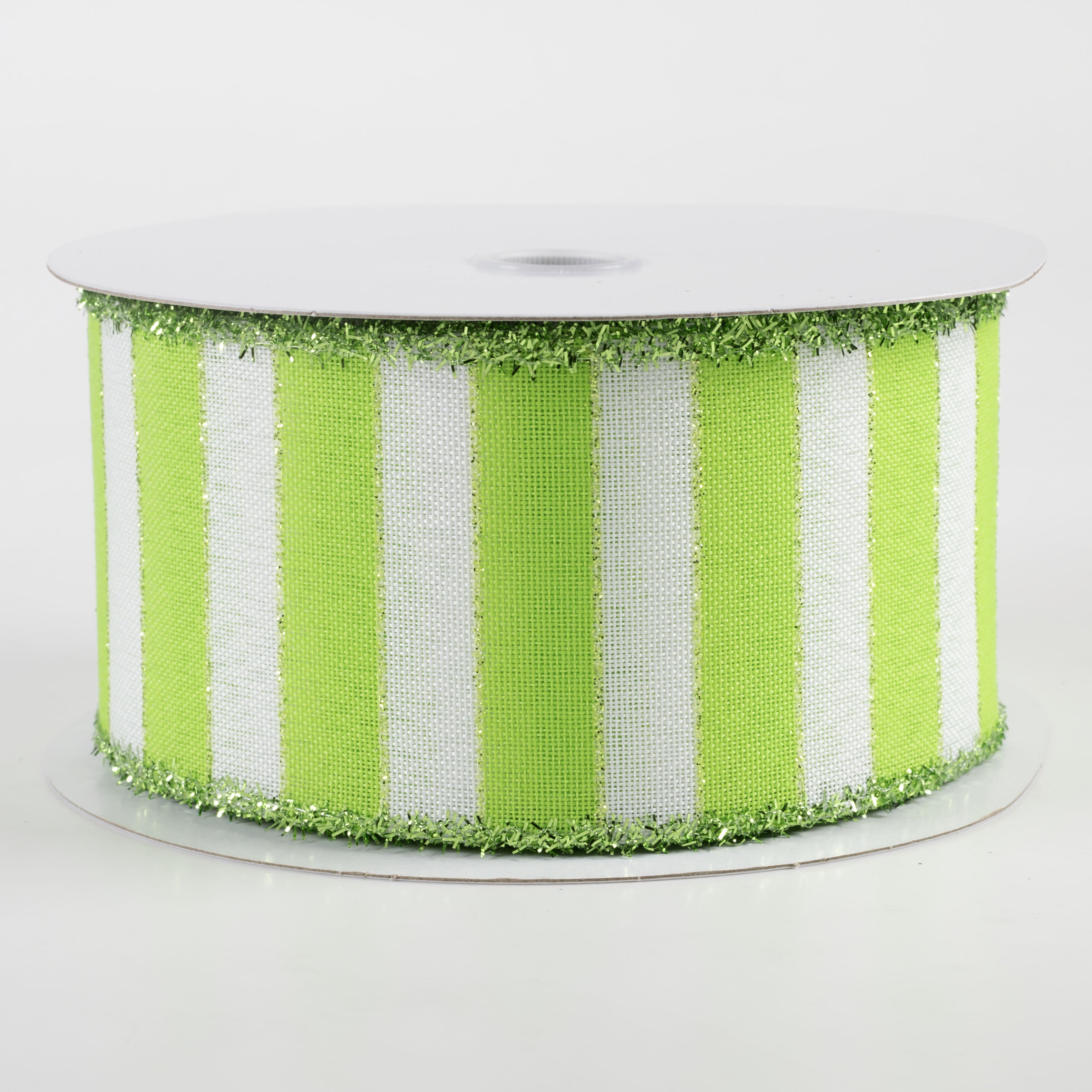 2.5" Linen Stripes Tinsel Edge Ribbon: Lime & White (10 Yards)